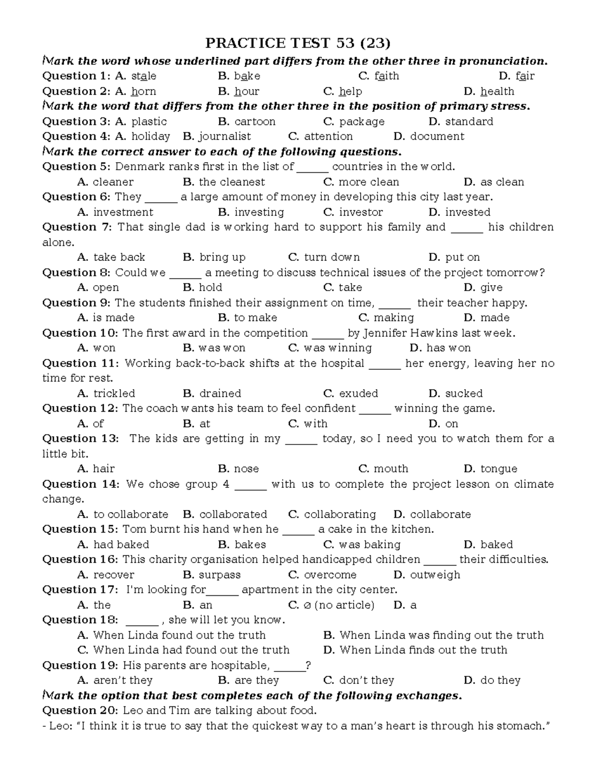Practice TEST 53 - It's helpful - PRACTICE TEST 53 (23) Mark the word ...
