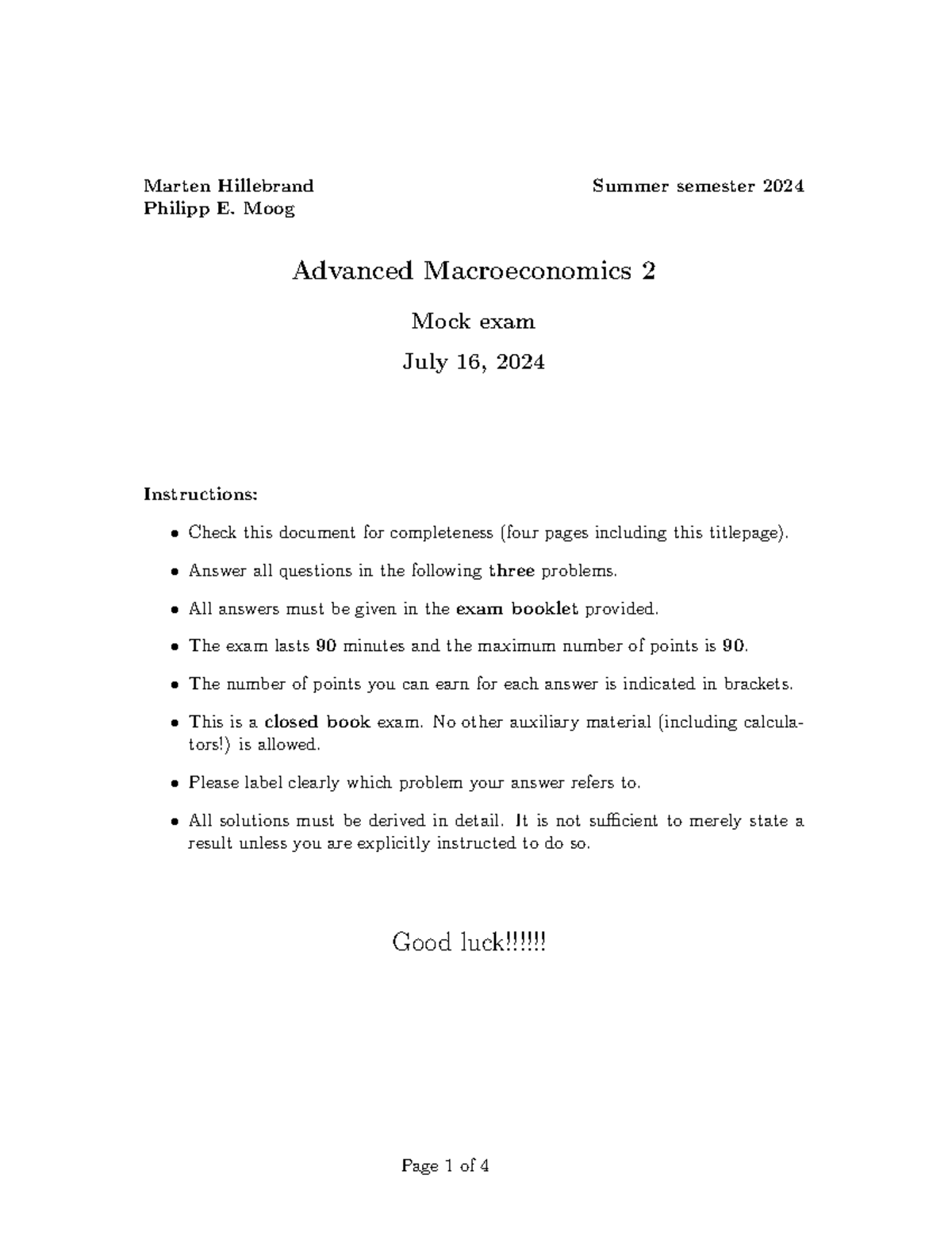 Advanced Macro 2 Mock Exam SS2024 - Marten Hillebrand Summer semester ...