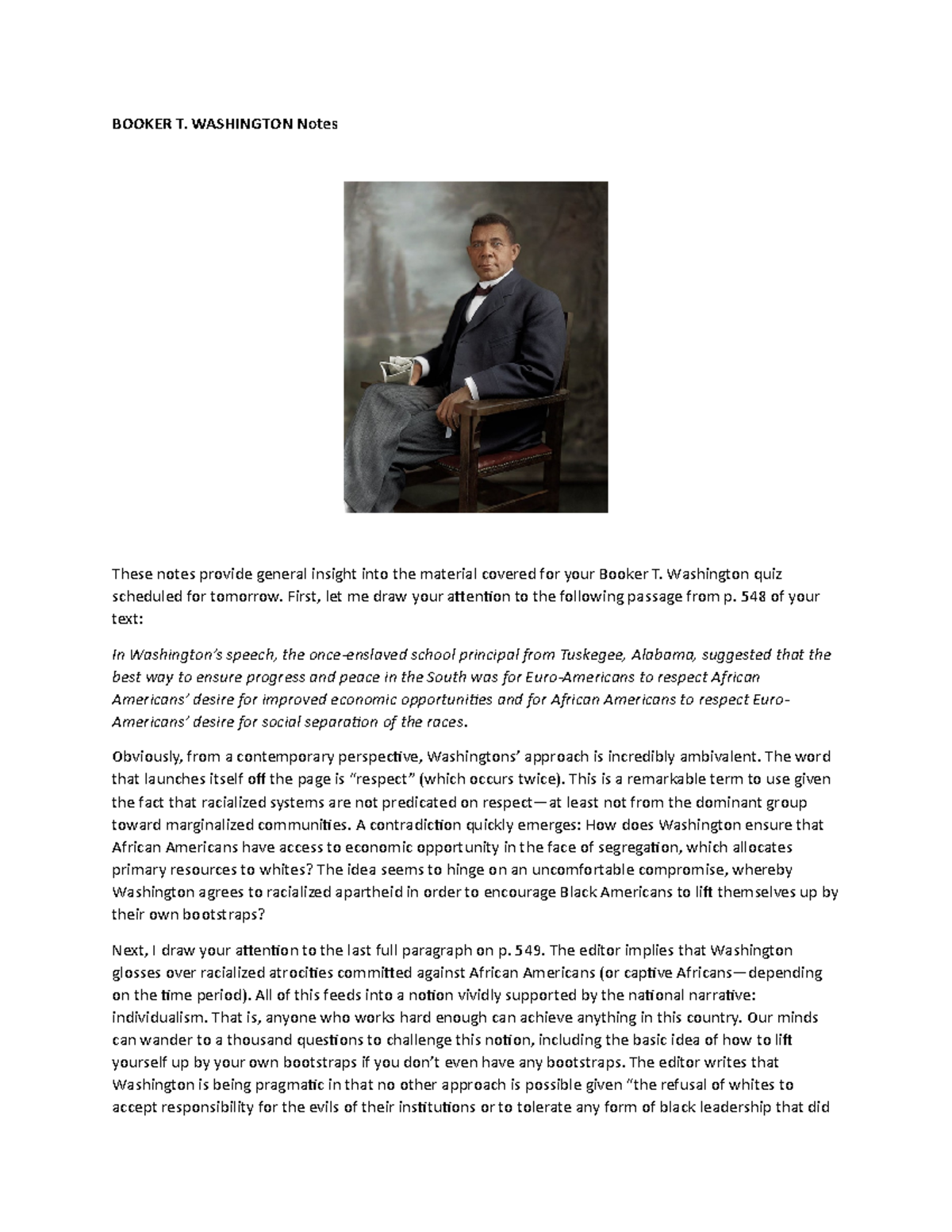 Notes about Booker T.. Washington - BOOKER T. WASHINGTON Notes These ...