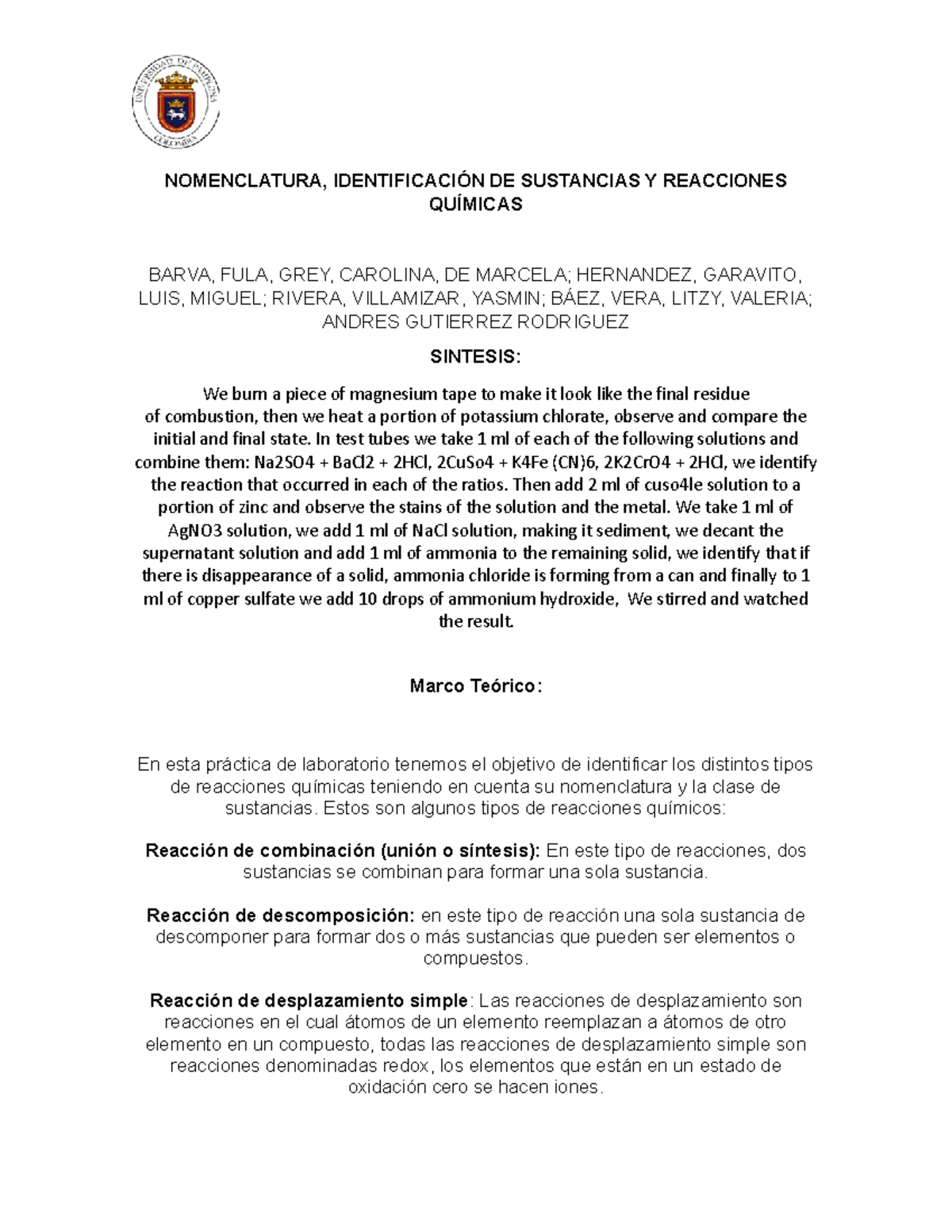 Informe Corregido - NOMENCLATURA, IDENTIFICACIÓN DE SUSTANCIAS Y REACCIONES QUÍMICAS BARVA, FULA ...