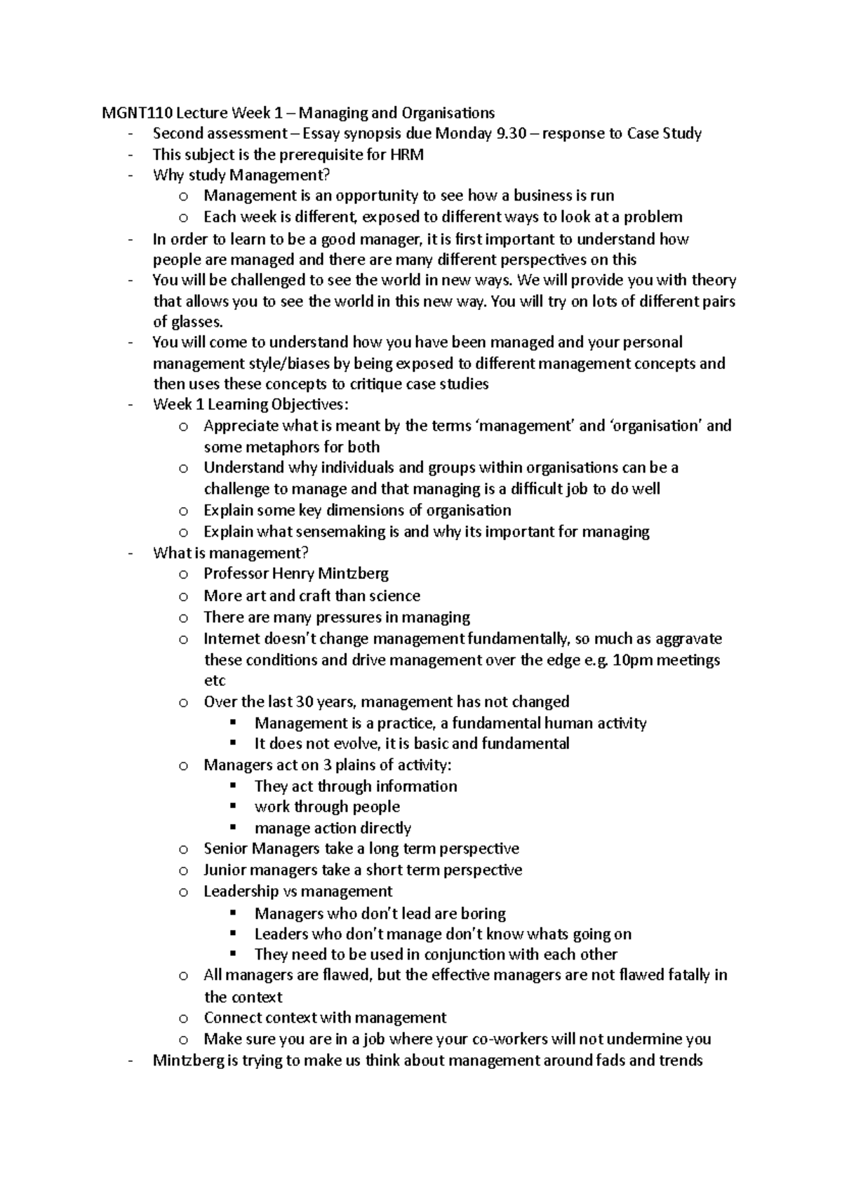 MGNT110 Lecture Week 1 - We will provide you with theory that allows ...