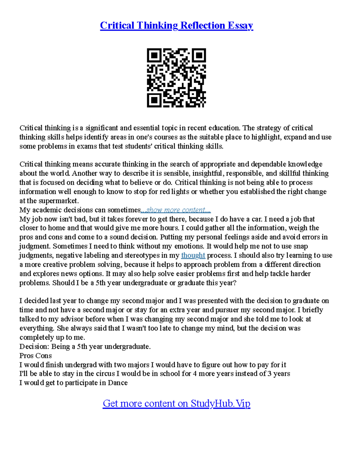 Critical Thinking Essay Topics Examples - Critical Thinking Reflection ...