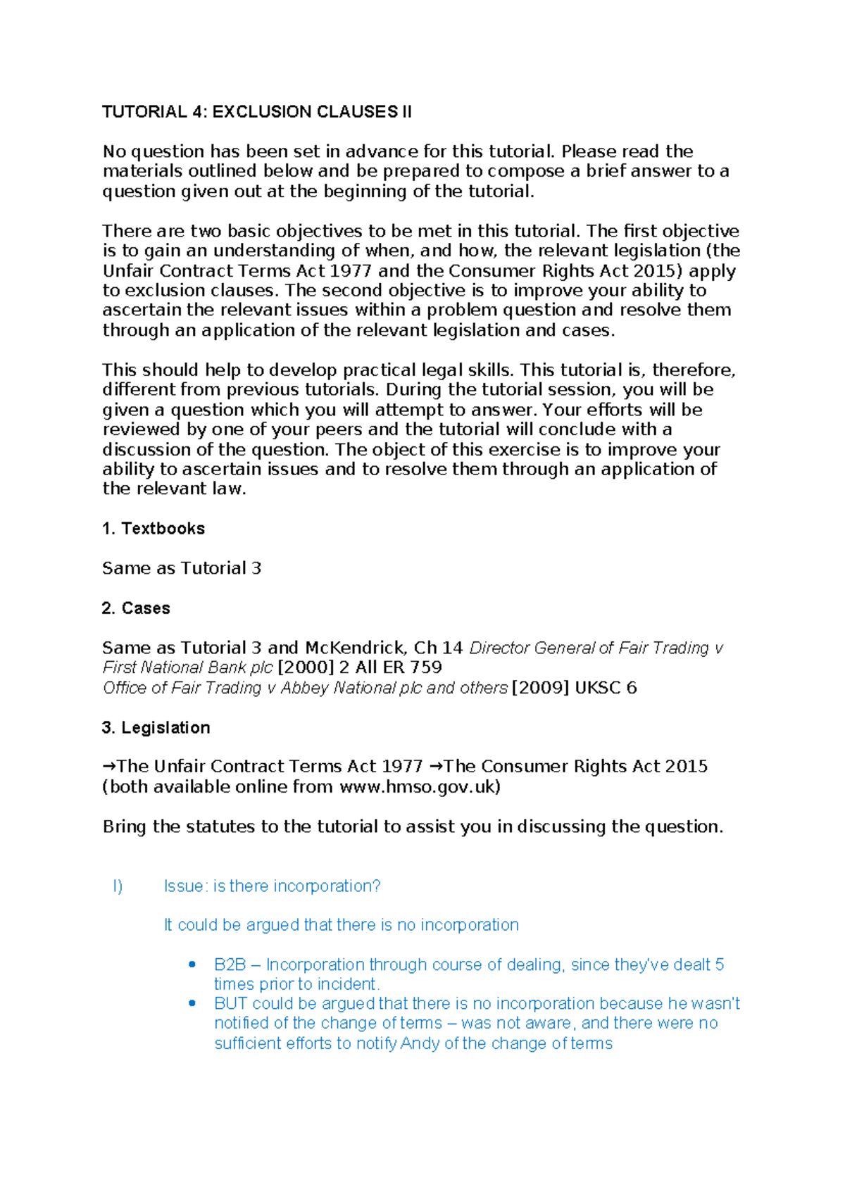 Contract II - Tutorial 4 - TUTORIAL 4: EXCLUSION CLAUSES II No question has been set in advance ...