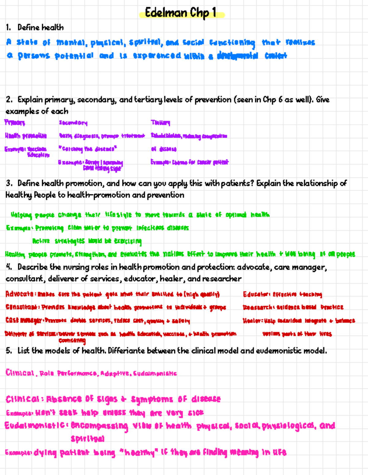 Exam 1 Study Guide - Edelman Chp 1 1. Define health 2. Explain primary ...