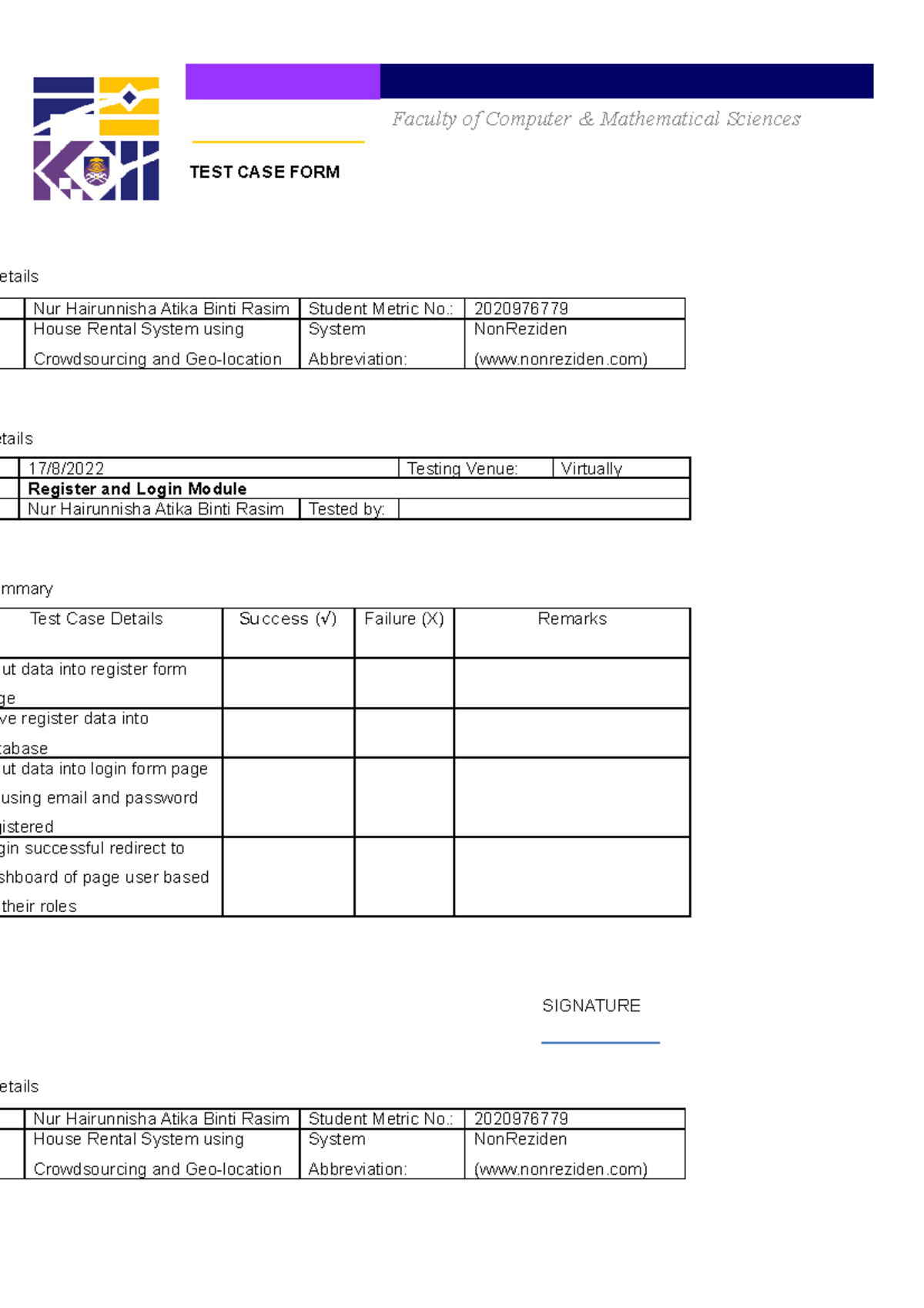 Test Case Form - test - Faculty of Computer & Mathematical Sciences ...