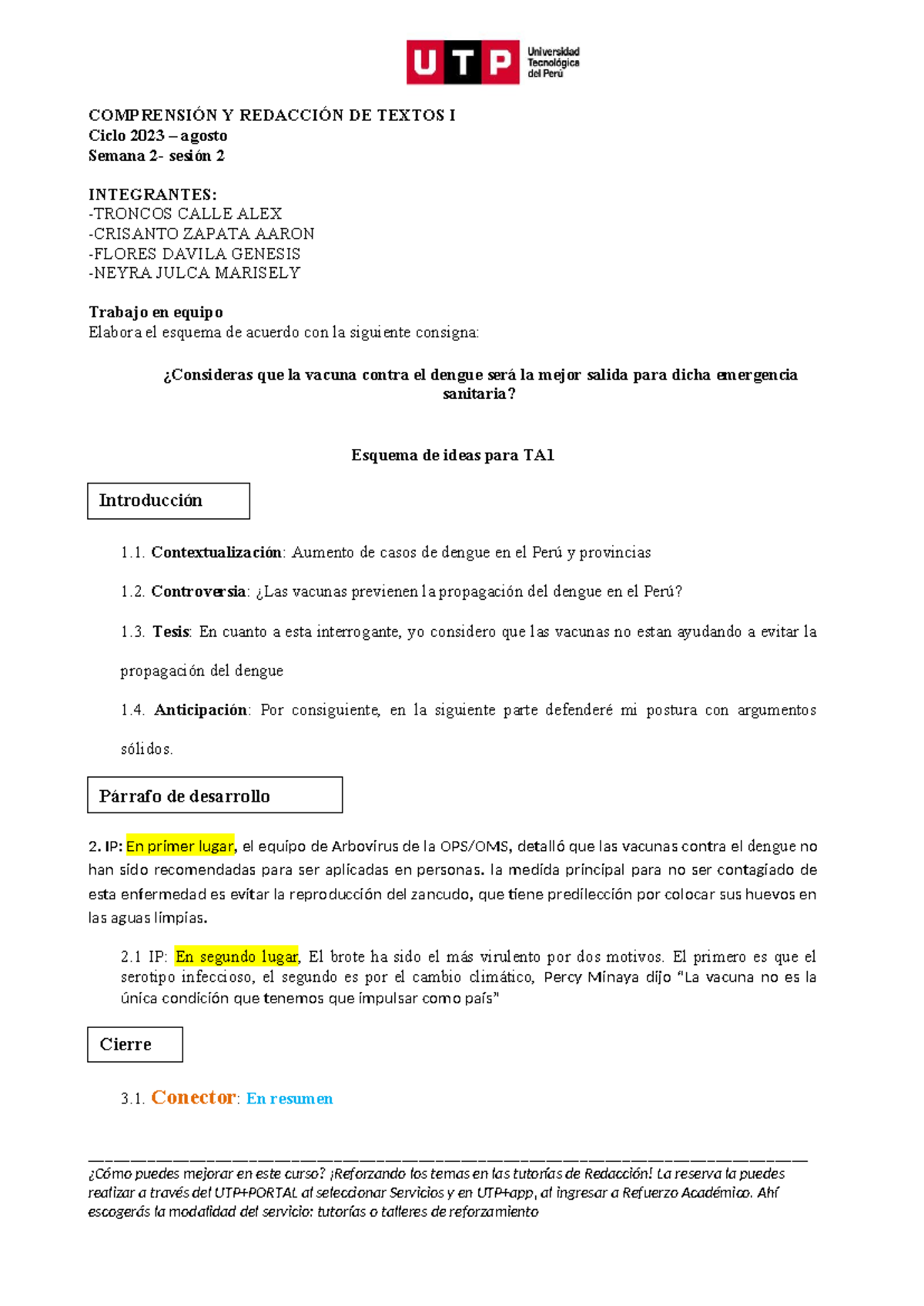 S02.s2-Esquema para TA1 2023 - COMPRENSIÓN Y REDACCIÓN DE TEXTOS I Ciclo 2023 – agosto Semana 2 ...