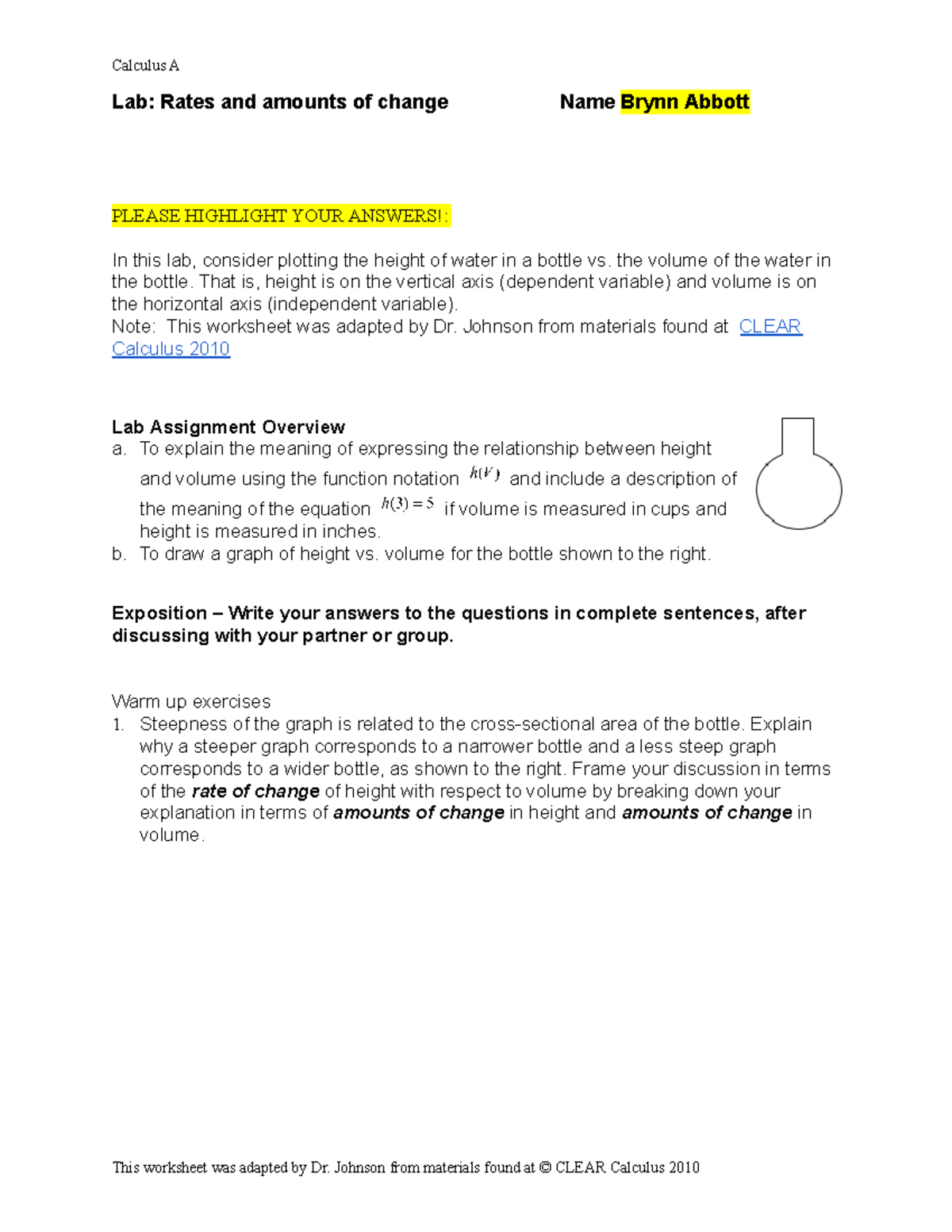 Lab 3 - Rate of Change - Lab: Rates and amounts of change Name Brynn ...