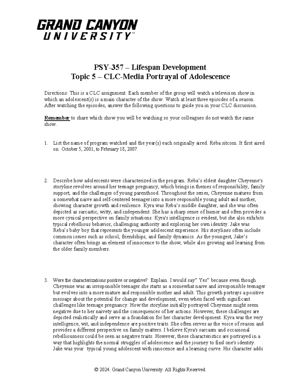 PSY-357-T5-RS-Media Portrayalof Adolescence Homework assignment - © 2024. Grand Canyon ...