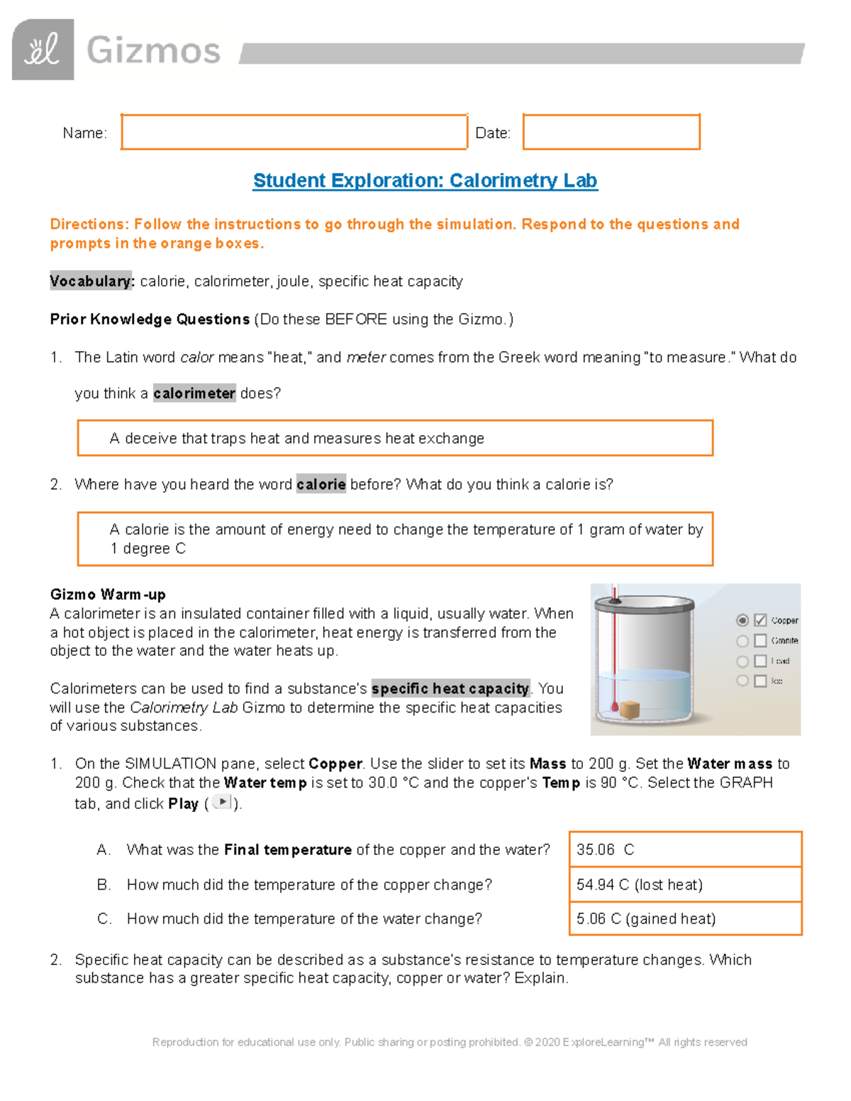 Calorimetry Gizmo - chemistry - Name: Date: Student Exploration ...