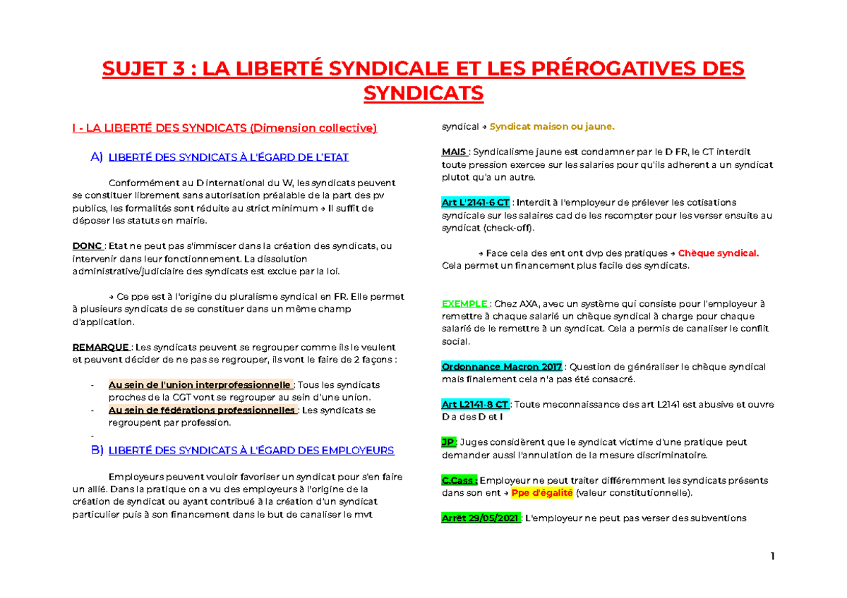 Sujet 3 LA Liberté Syndicale ET LES Prérogatives DES Syndicats - SUJET ...
