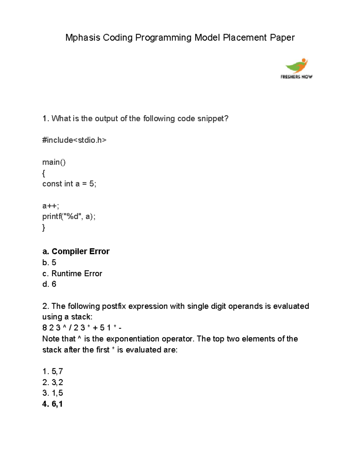 Mphasis Coding Programming Model Placement Paper - What is the output of the following code ...