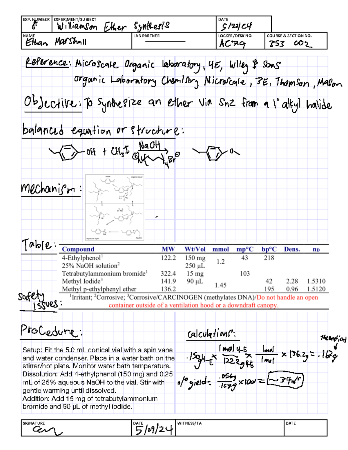 WE - lab report - SIGNATURE DATE WITNESS/TA DATE EXP. NUMBER EXPERIMENT/SUBJECT DATE NAME LAB ...