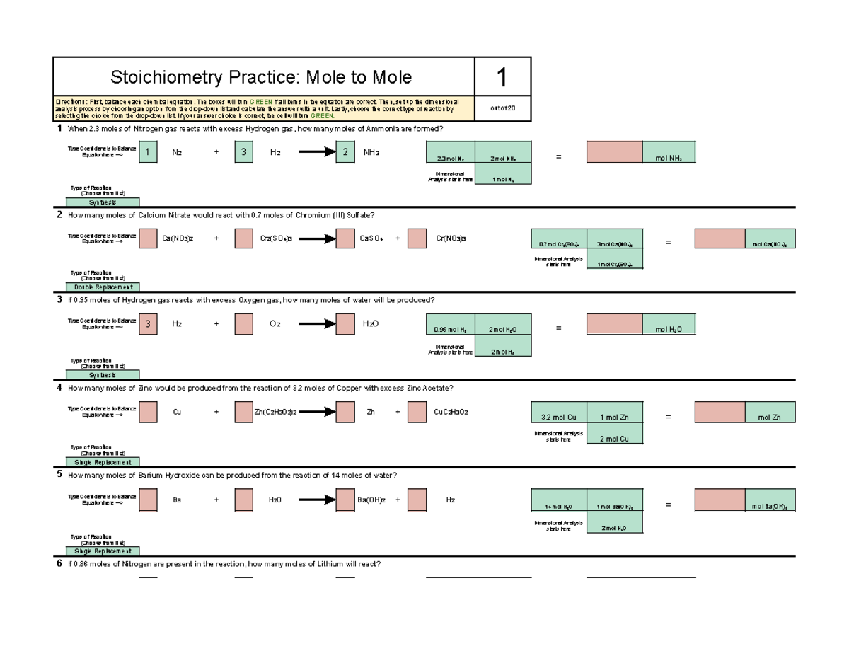 Copy of Stoichiometry Practice Mole to Mole - Student Version ...