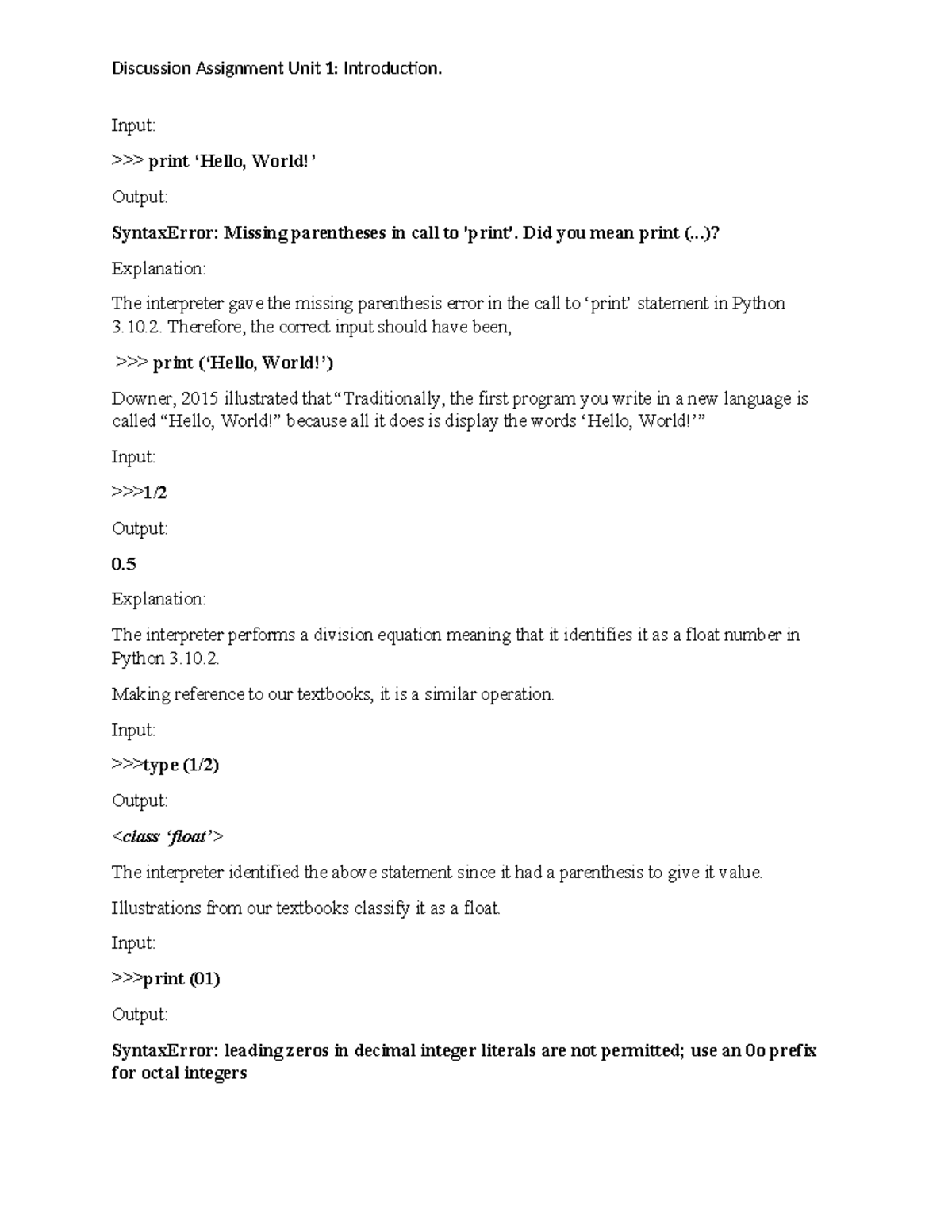 Discussion Assignment Unit 1 Introduction Discussion Assignment Unit 1 Introduction Input