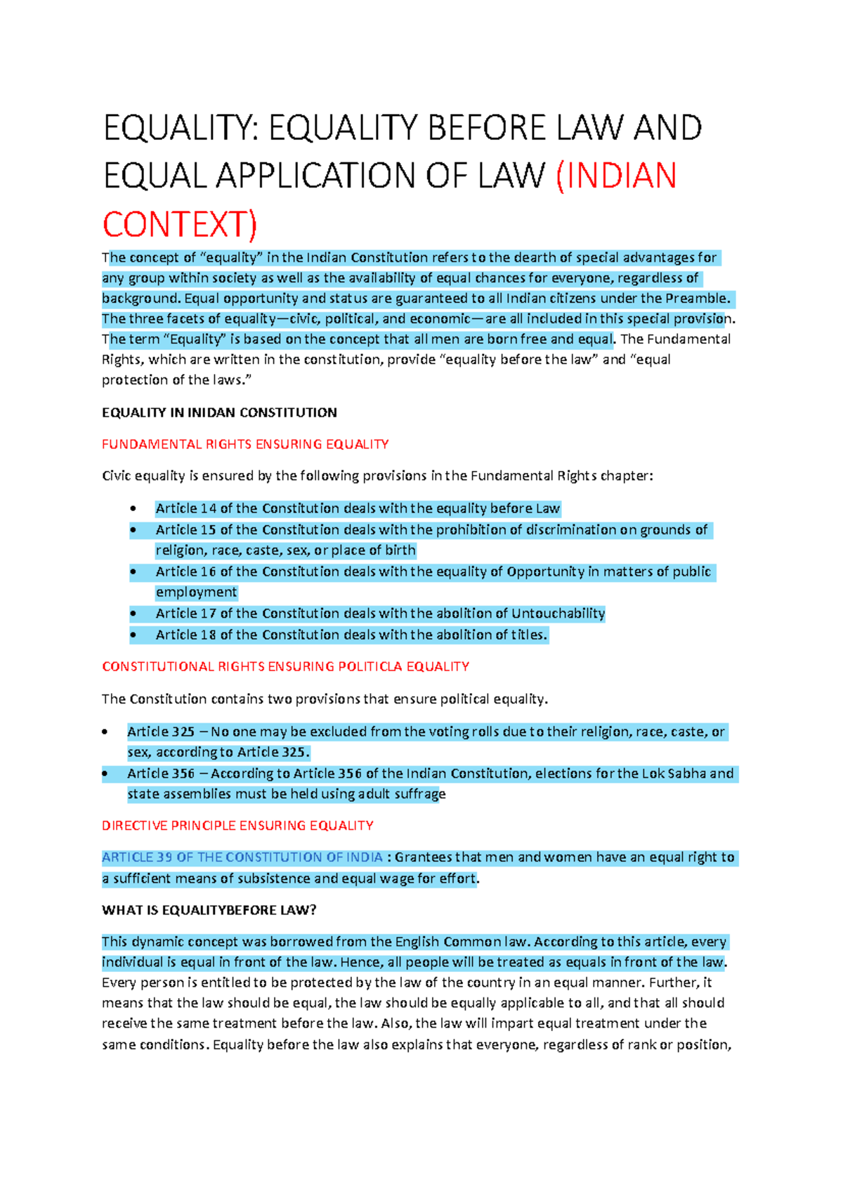 Equality - EQUALITY: EQUALITY BEFORE LAW AND EQUAL APPLICATION OF LAW ...