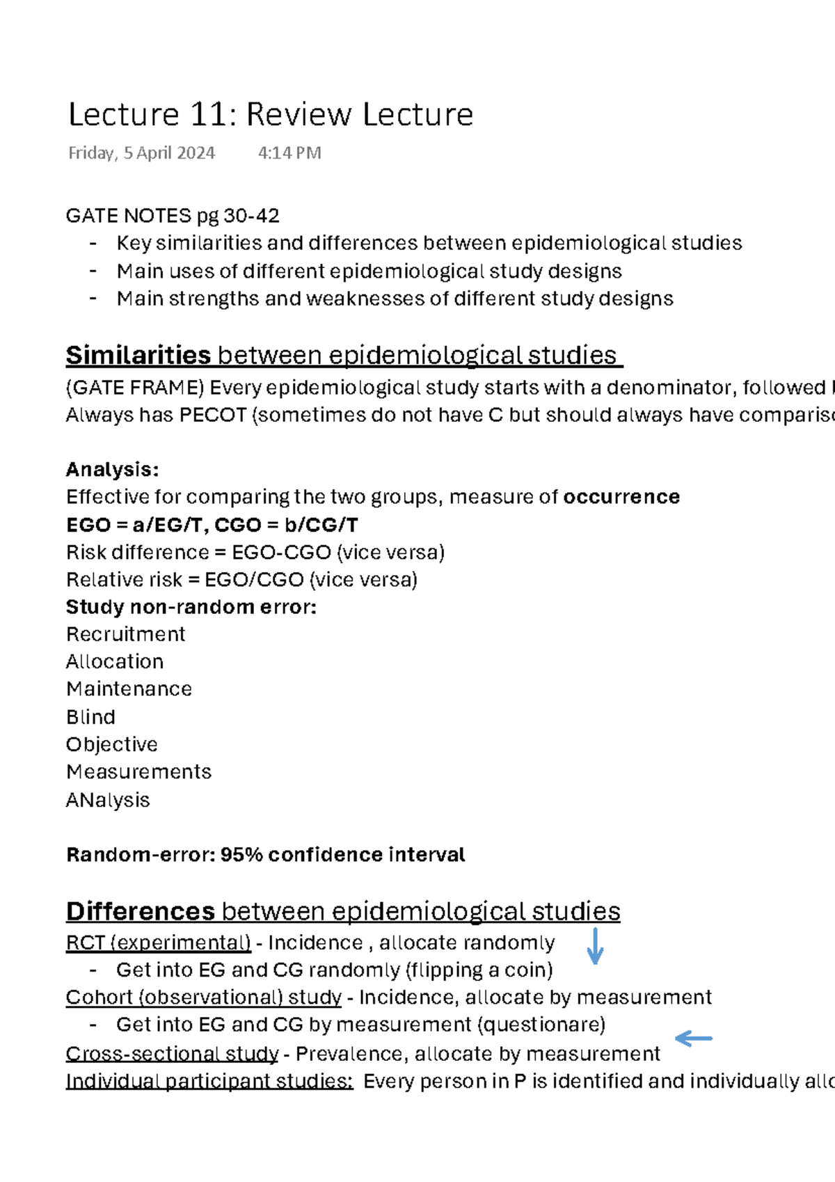 Lecture 11 Review Lecture - GATE NOTES pg 30- 42 - Key similarities and ...