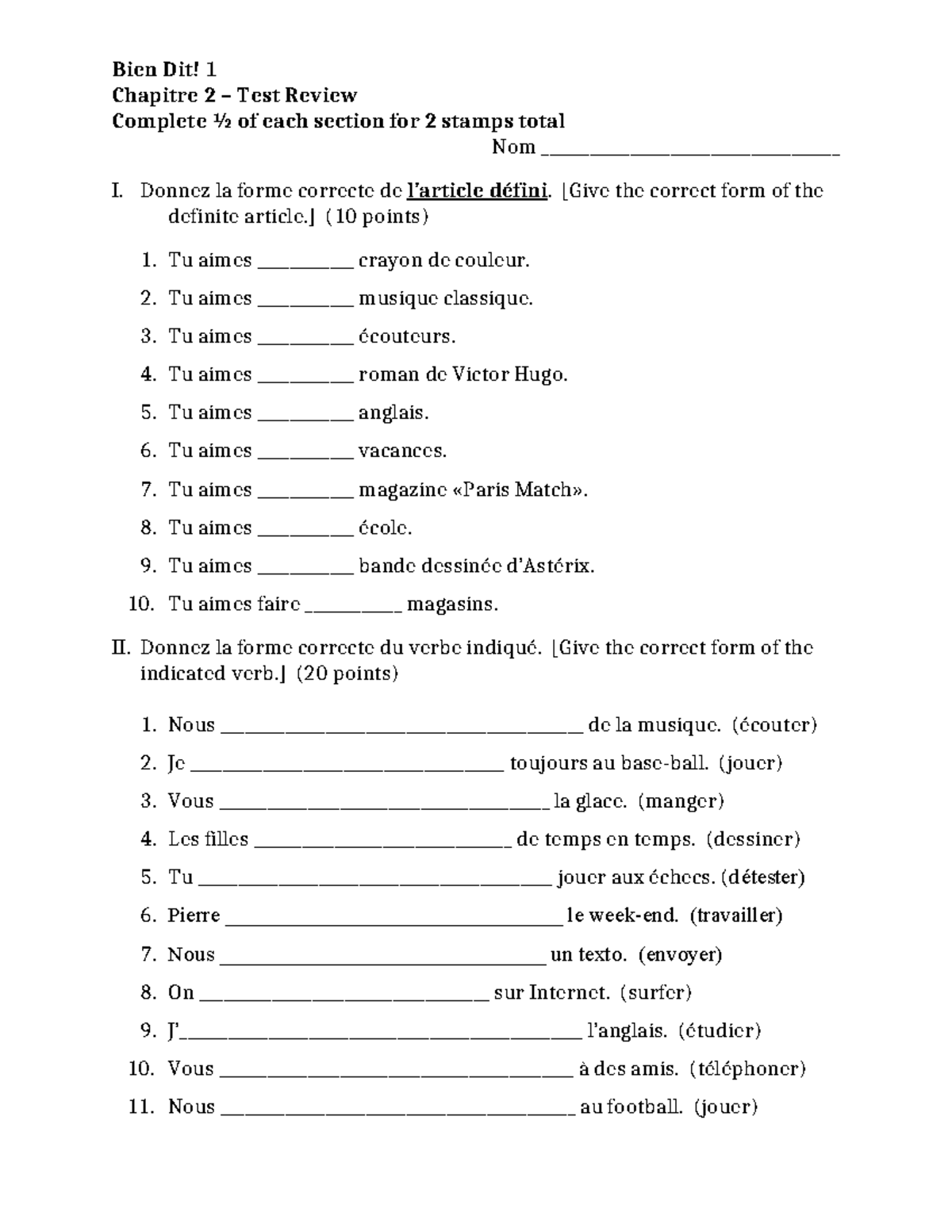 Bien Dit 1Chapitre 2Test Review - Chapitre 2 – Test Review Complete ½ ...