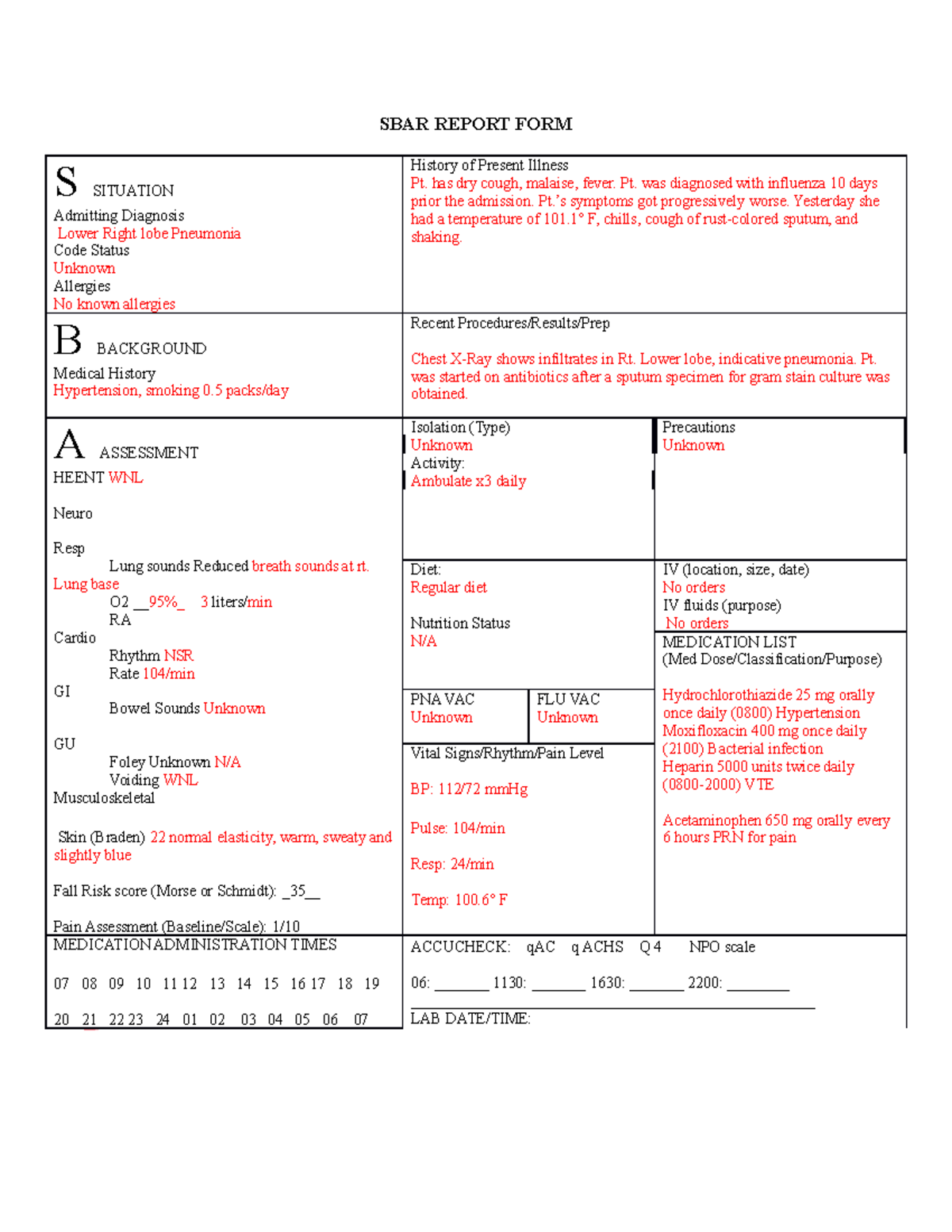 sbar form homework - SBAR REPORT FORM S SITUATION Admitting Diagnosis ...