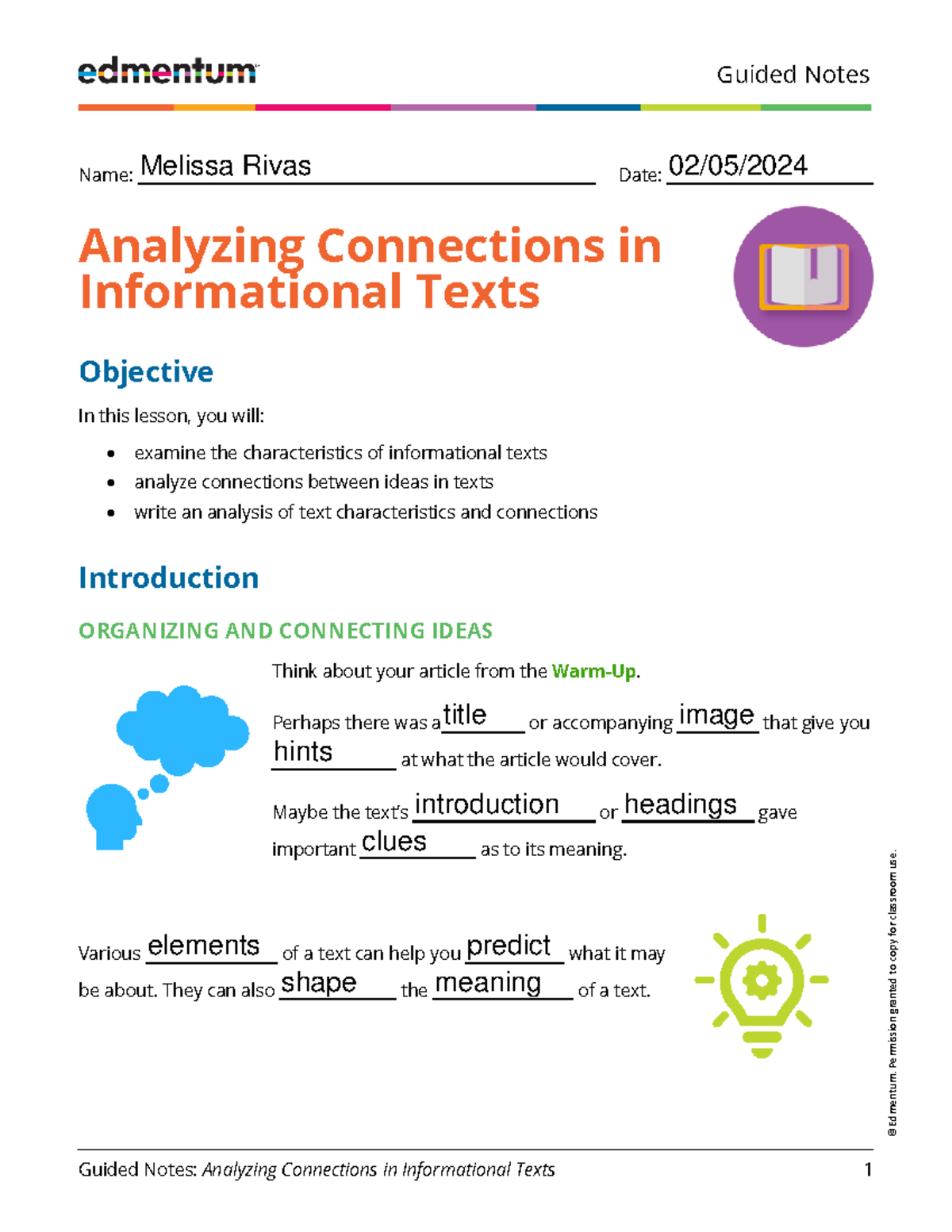 Analyzing Connections in Informational Texts - Name: Date: Analyzing Connections in ...
