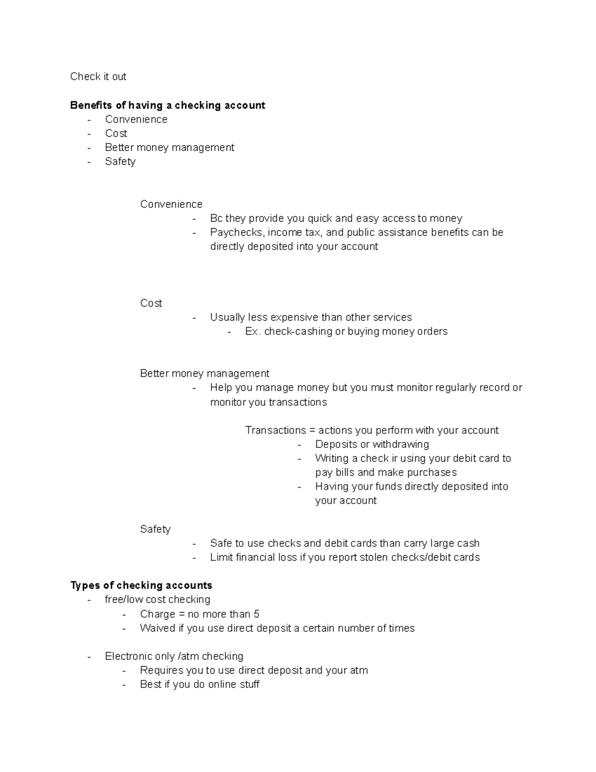 Check it out - notes - Check it out Benefits of having a checking ...