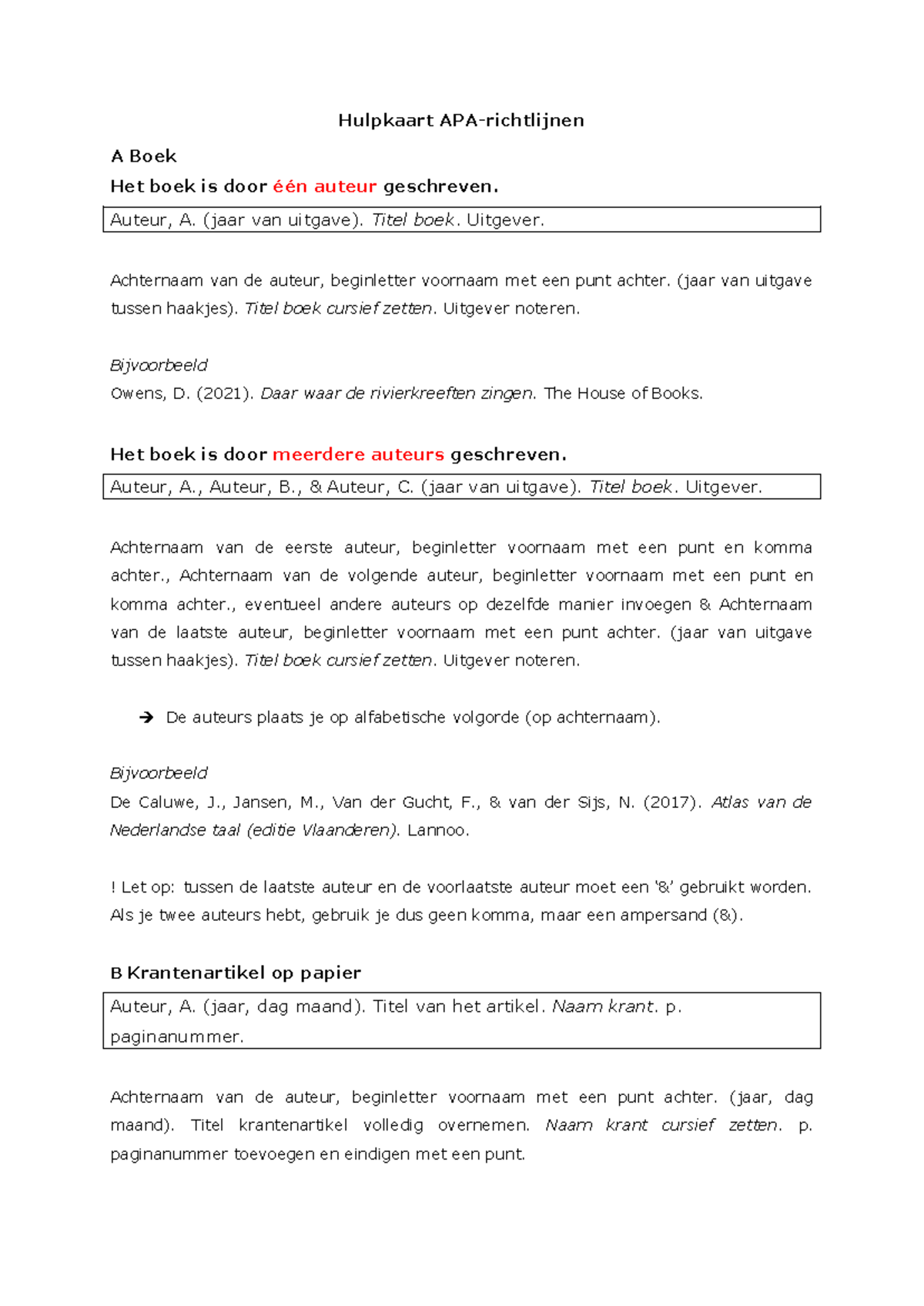 Hulpkaart APA-richtlijnen - Auteur, A. (jaar van uitgave). Titel boek ...