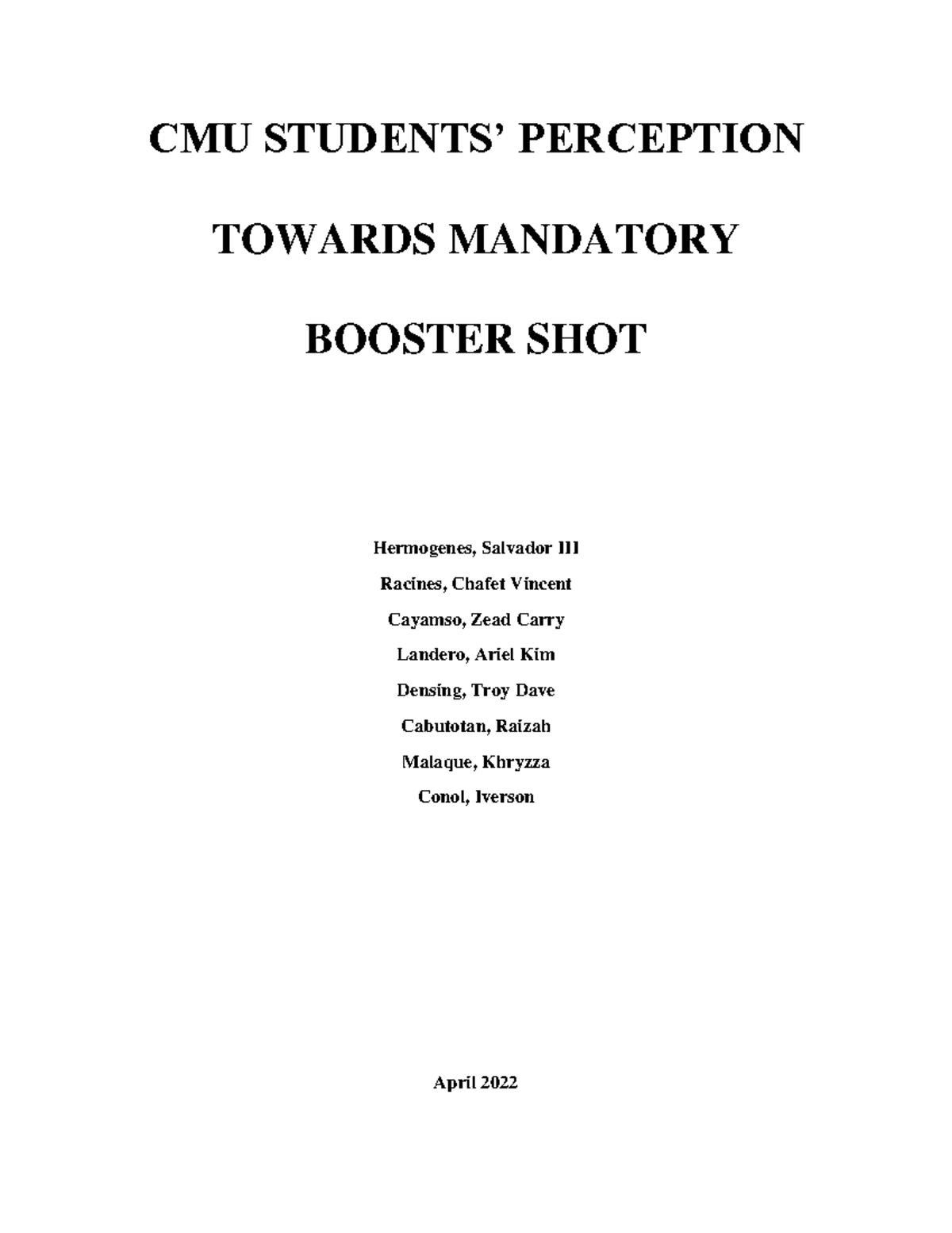 Case Study CMU Students Perception Towards Mandatory Booster Shot - CMU ...