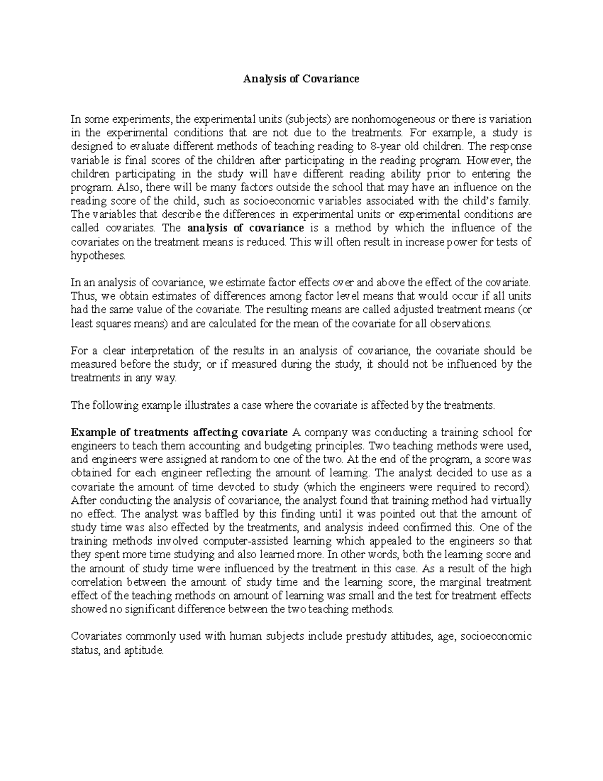 Lecture Notes Lecture 16 Analysis Of Covariance Analysis Of Covariance In Some Experiments