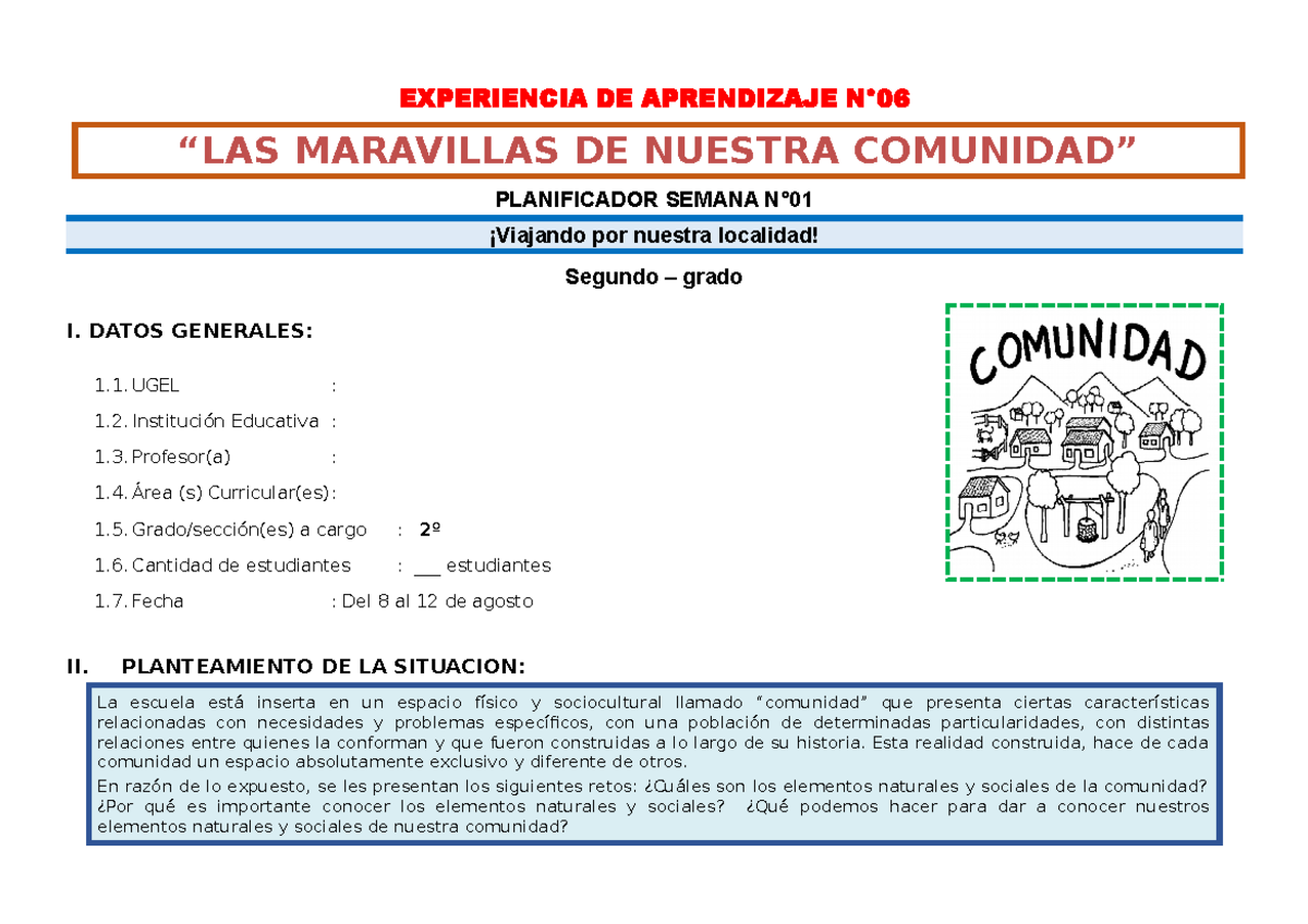 08-08-2022 2° Grado Planificador Semanal - EXPERIENCIA DE APRENDIZAJE N ...