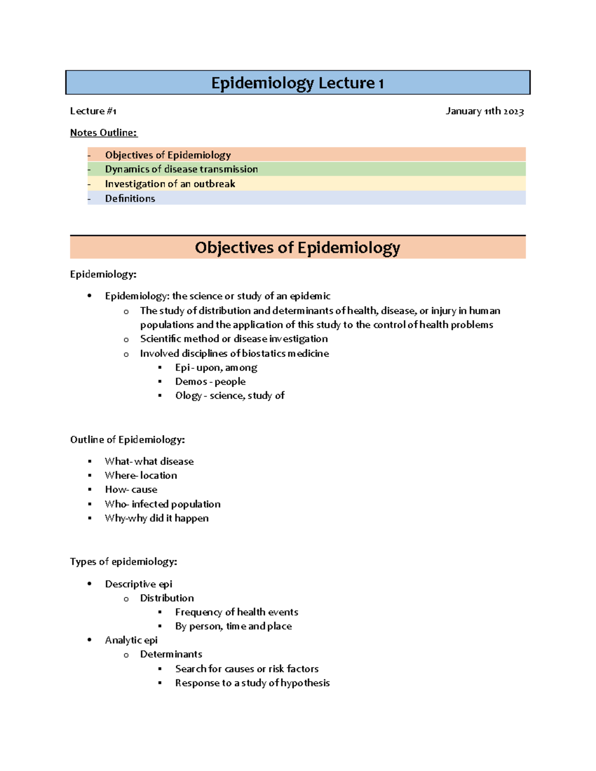 EPI- Lecture 1 - Epidemiology Lecture 1 Lecture #1 January 11th 2023 ...