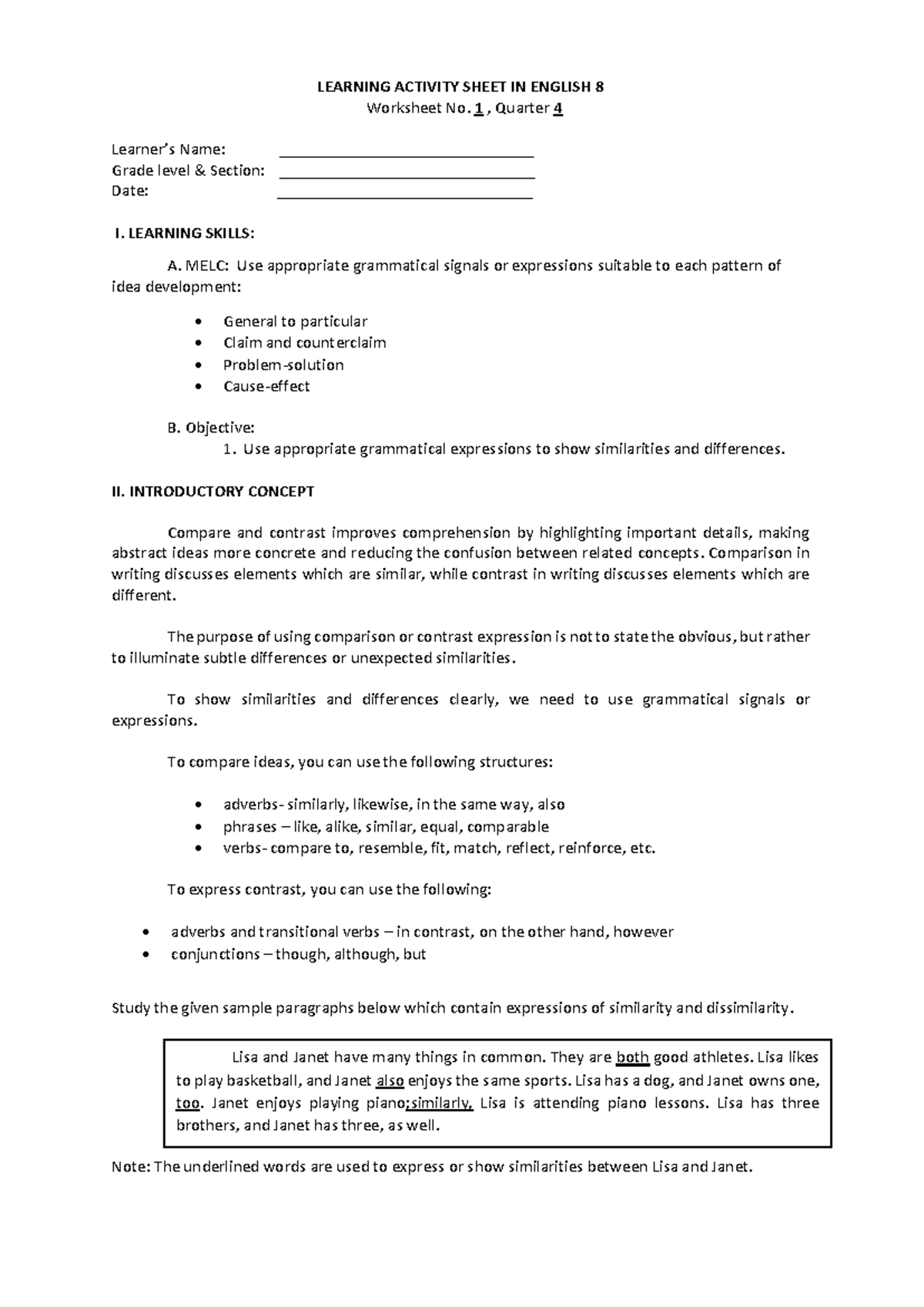 G8 LAS 1 - Learning activity sheet - LEARNING ACTIVITY SHEET IN ENGLISH ...