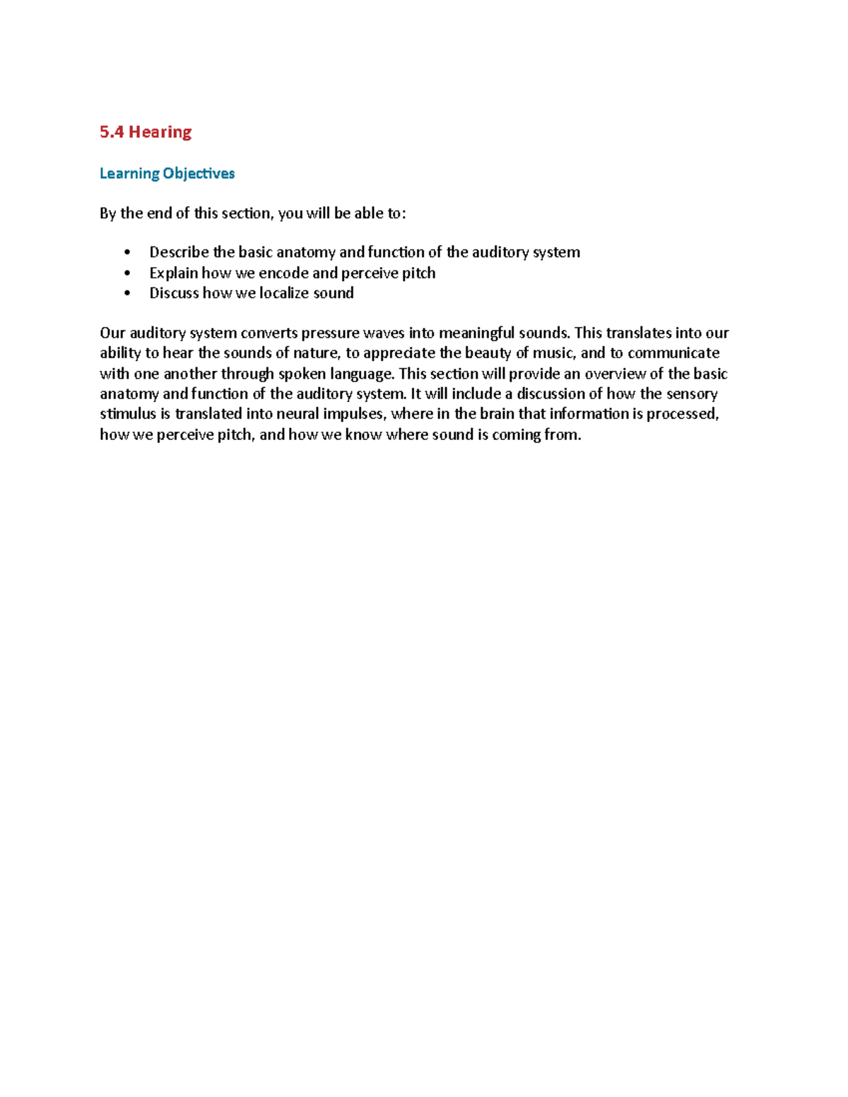 Hearing - Lecture Notes - 5 Hearing Learning Objectives By the end of ...