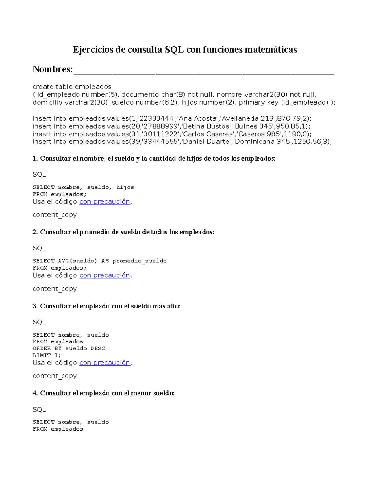Ejercicios de consulta SQL con funciones matemáticas original ...