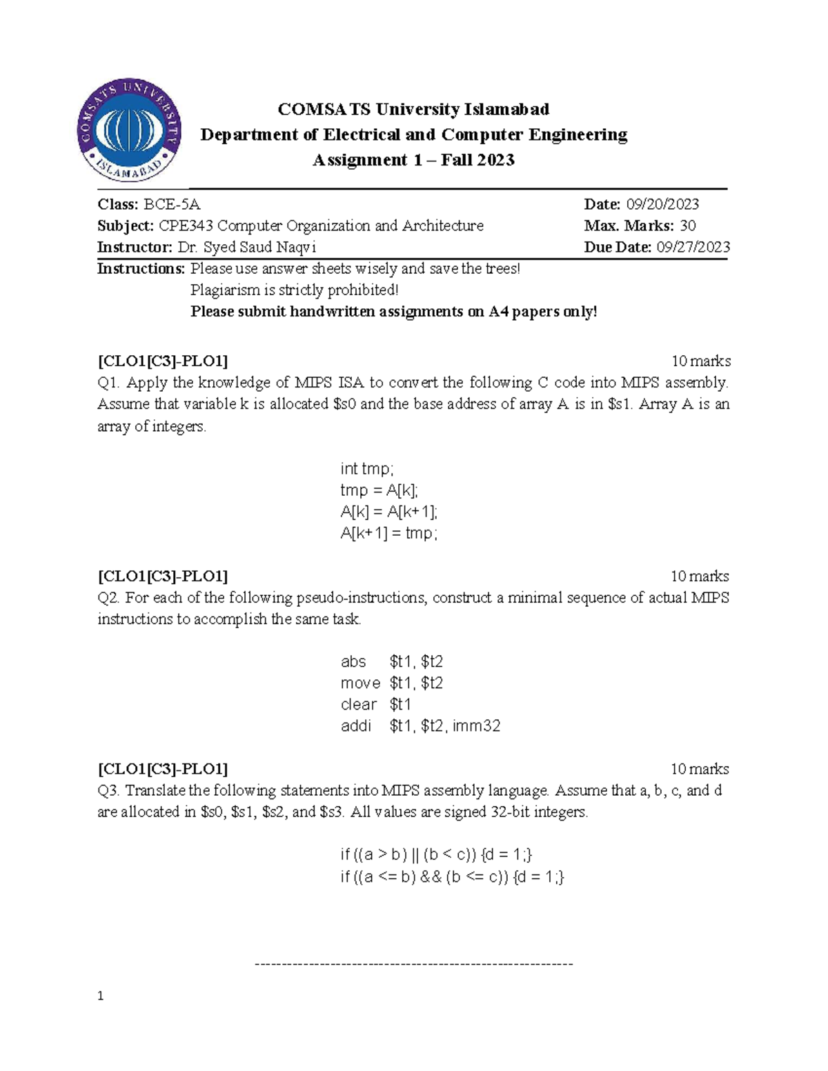 Assignment 01 CPE343 COA Fall2023 - 1 COMSATS University Islamabad ...