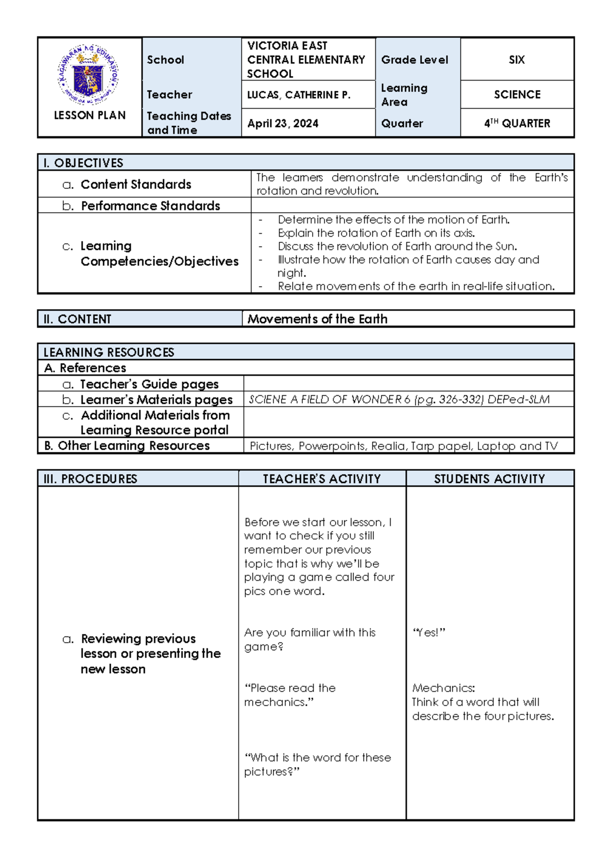 LP-demo science Deped - LESSON PLAN School VICTORIA EAST CENTRAL ...