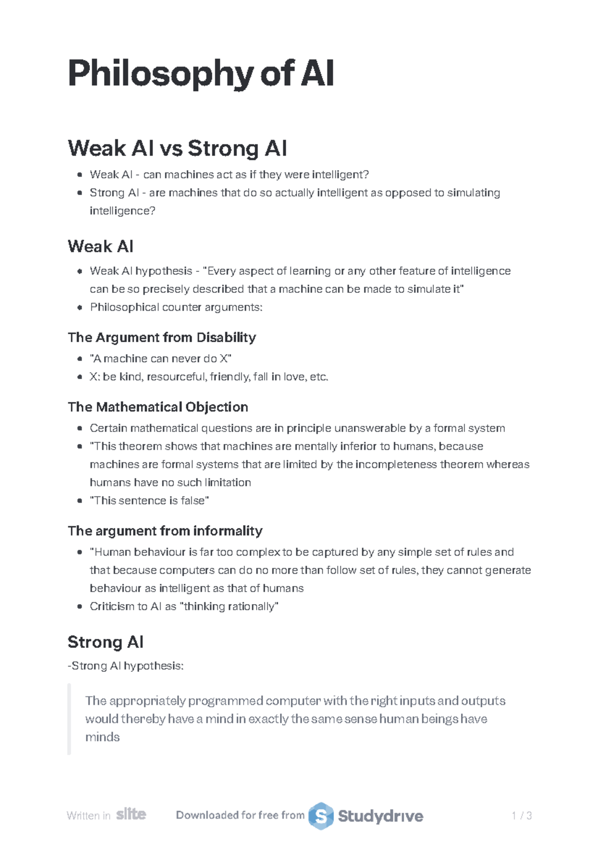Philosophy of AI - Written in 1 / 3 Philosophy of AI Weak AI vs Strong ...