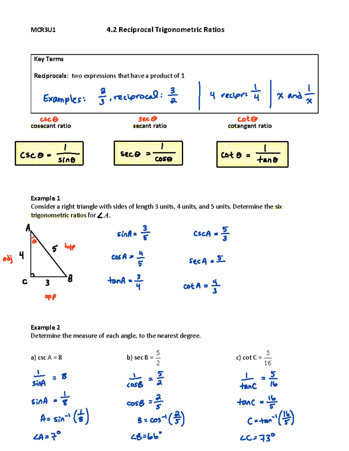 4.2 Lesson complete - Notes - MCR3U1 4 Reciprocal Trigonometric Ratios ...