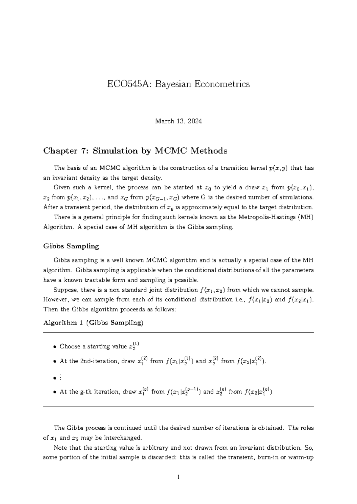 CH 7-8 - notes - ECO545A: Bayesian Econometrics March 13, 2024 Chapter ...