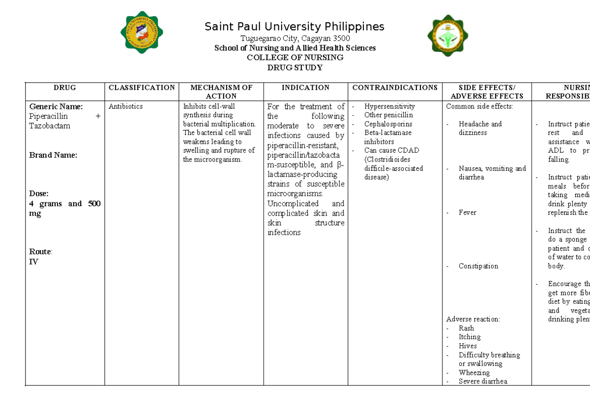 Drug study template f1 - ddd - Tuguegarao City, Cagayan 3500 School of ...