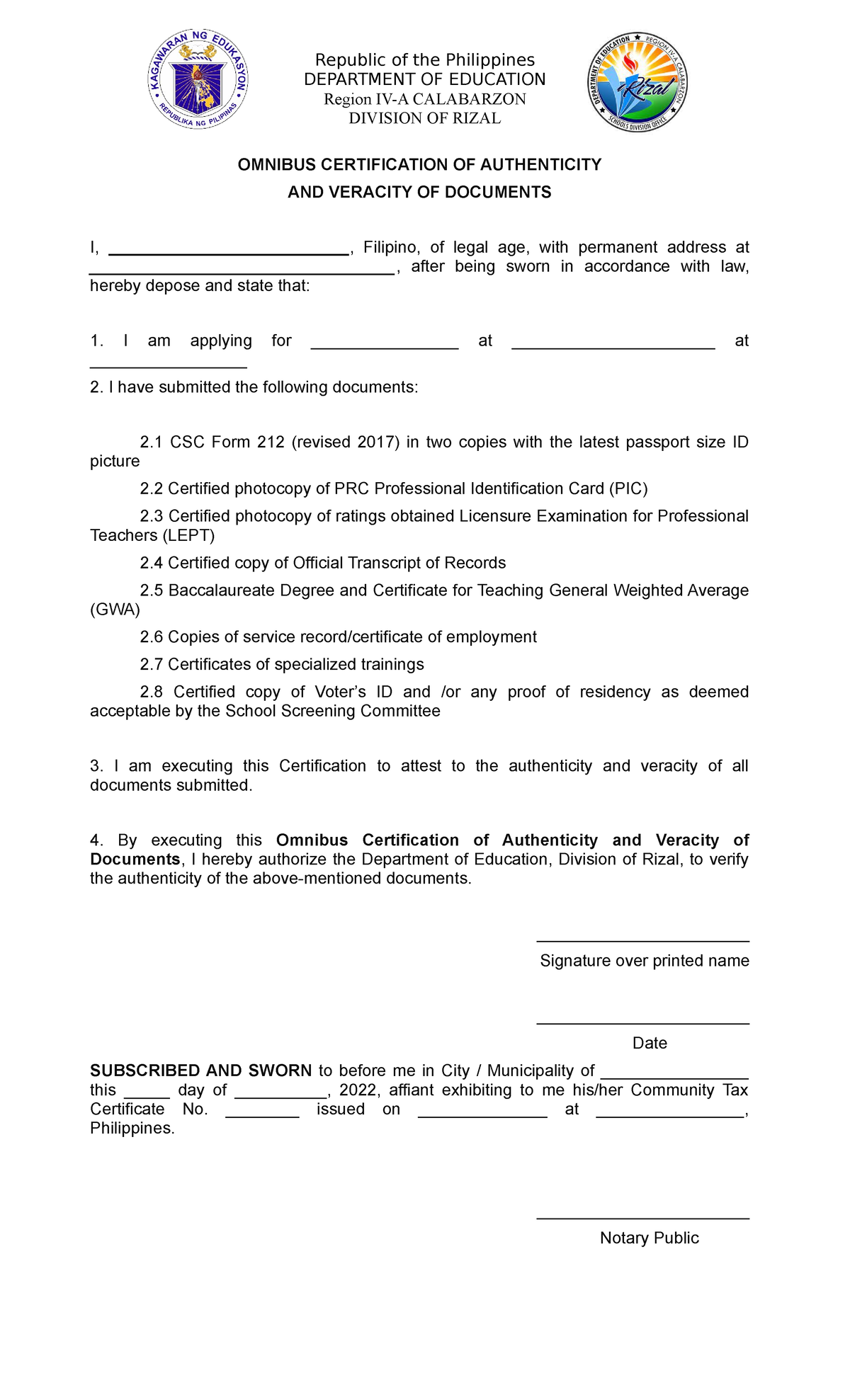 Omnibus Certification OF Autheticity - Republic of the Philippines ...