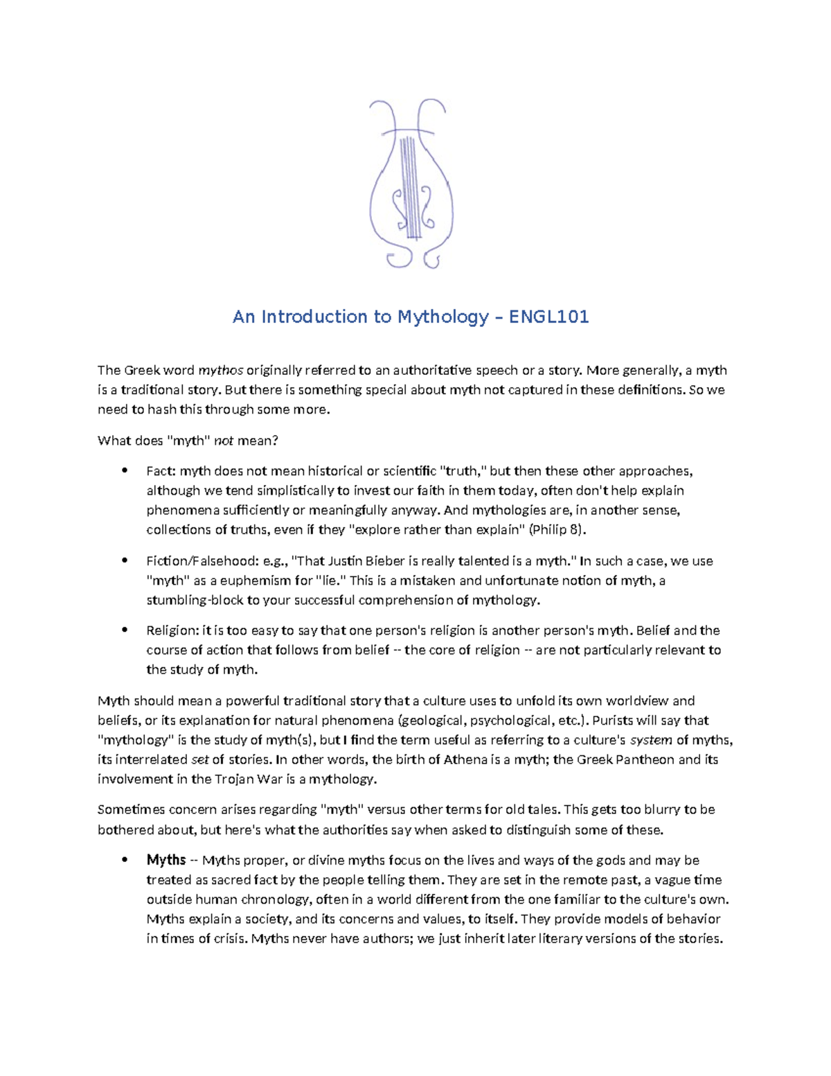 An Introduction to Mythology - ENGL101 - An Introduction to Mythology ...