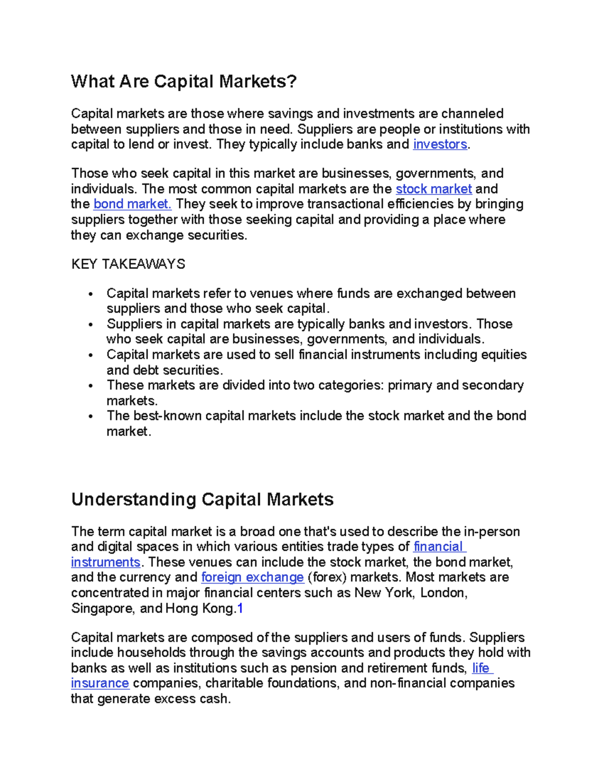 Lesson 1- CAP - What Are Capital Markets? Capital markets are those ...
