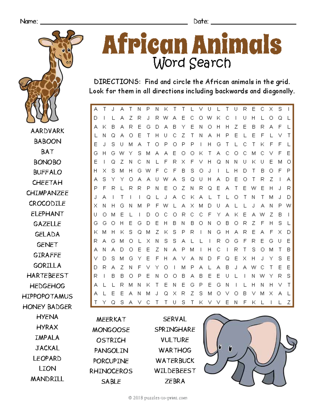 African Animal Word Search Puzzle - © 2018 puzzles-to-print AARDVARK ...