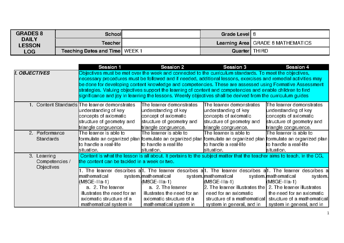 W1LC40 - Lesson Plan - GRADES 8 DAILY LESSON LOG School Grade Level 8 ...