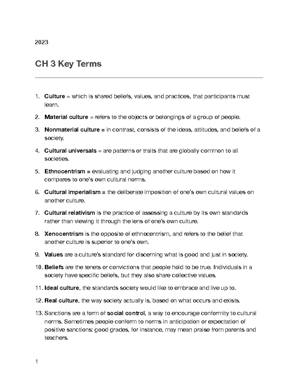 CH 3 Key Terms - 2023 CH 3 Key Terms Culture = which is shared beliefs ...