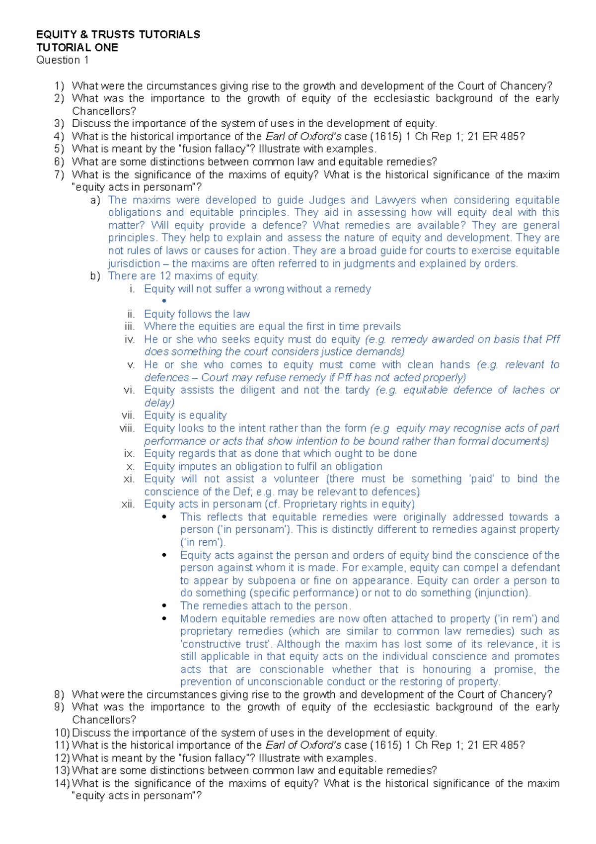 Equity-Tutorial- Answers - EQUITY & TRUSTS TUTORIALS TUTORIAL ONE Question 1 1) What - Studocu