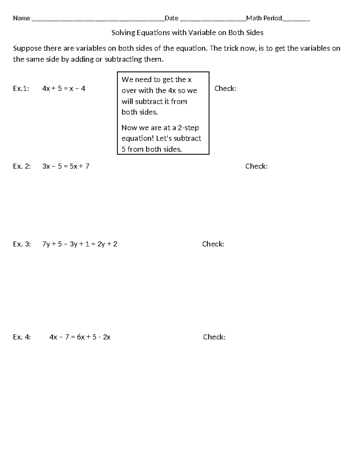Solving equations Variables on both sides - Name ...