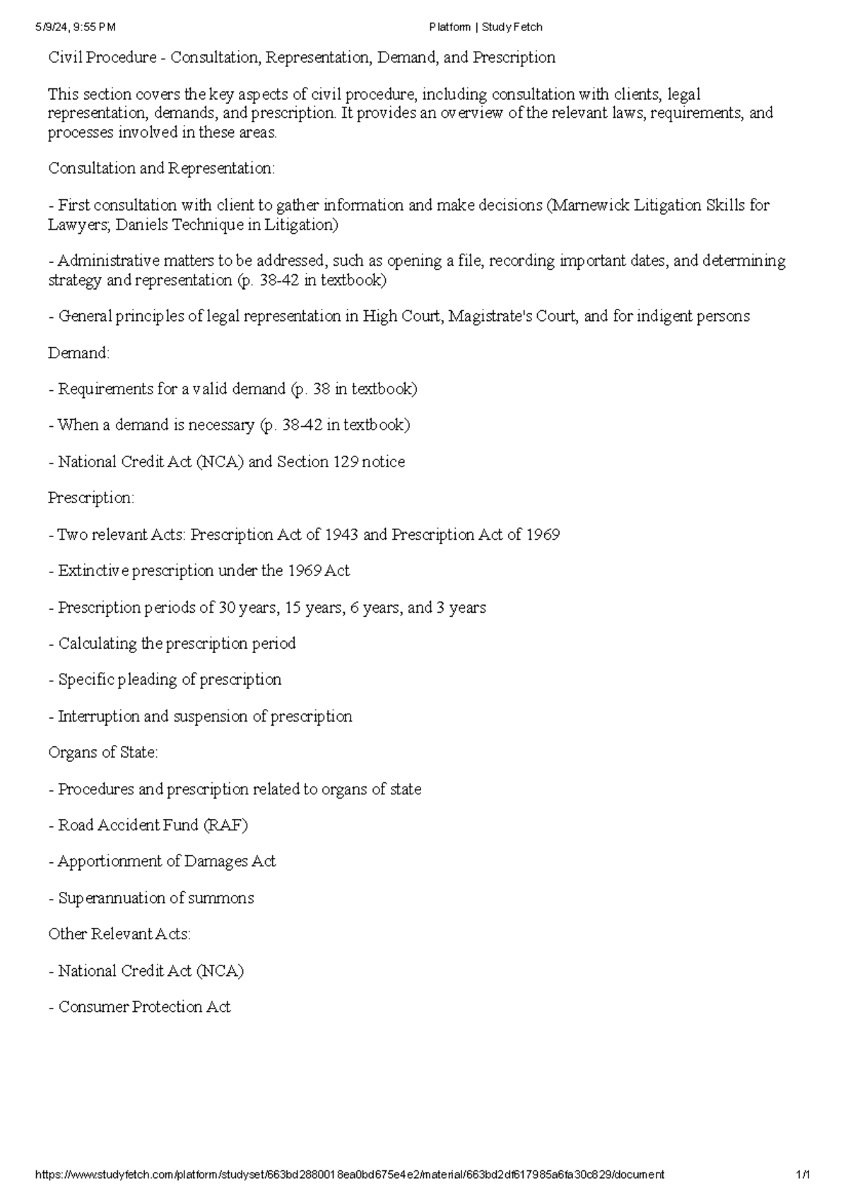 SIP 412 Lecture 2 Platform Study Fetch - Civil Procedure - Consultation, Representation, Demand ...