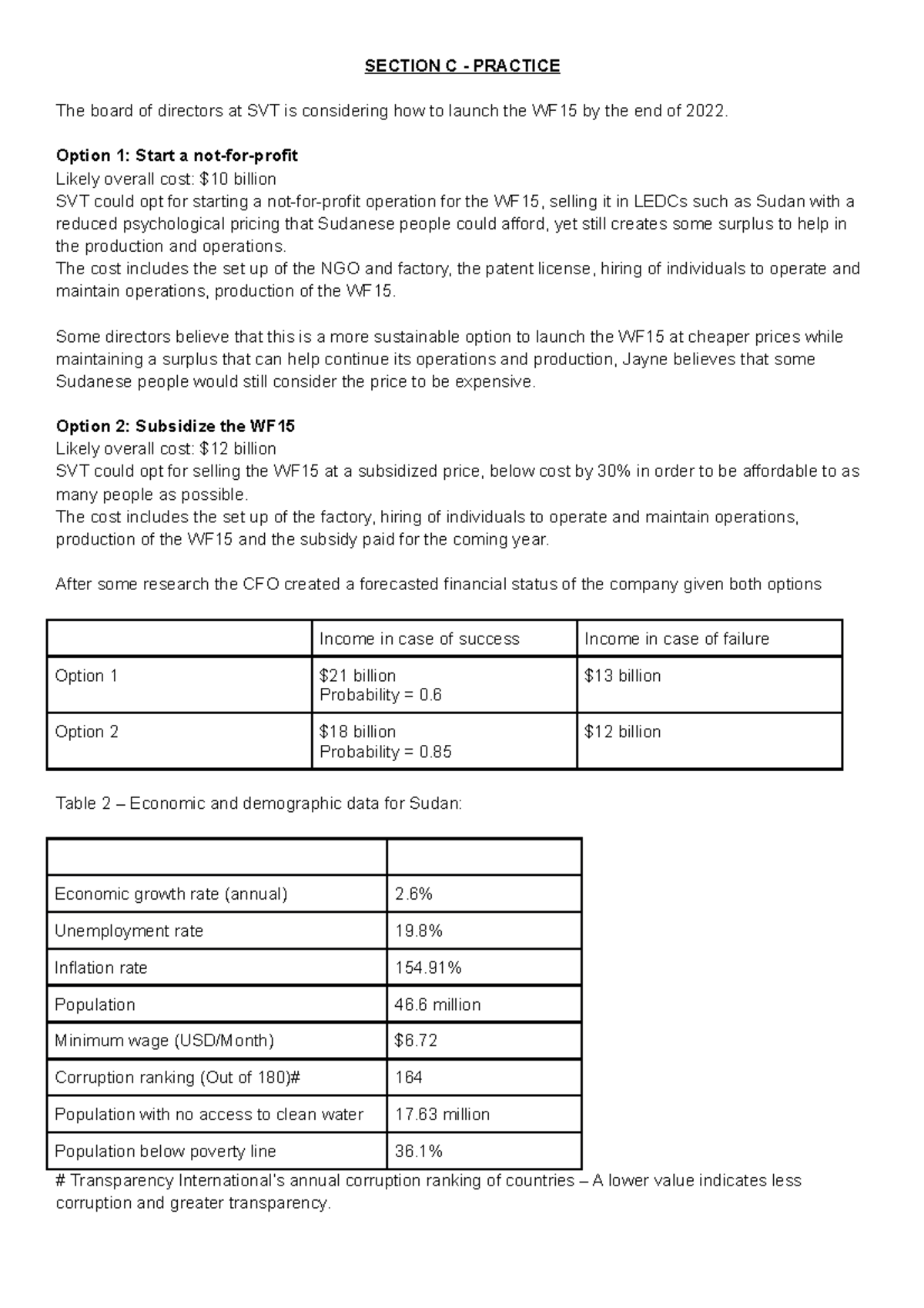 20 marker Section C Practice - SECTION C - PRACTICE The board of directors at SVT is considering ...