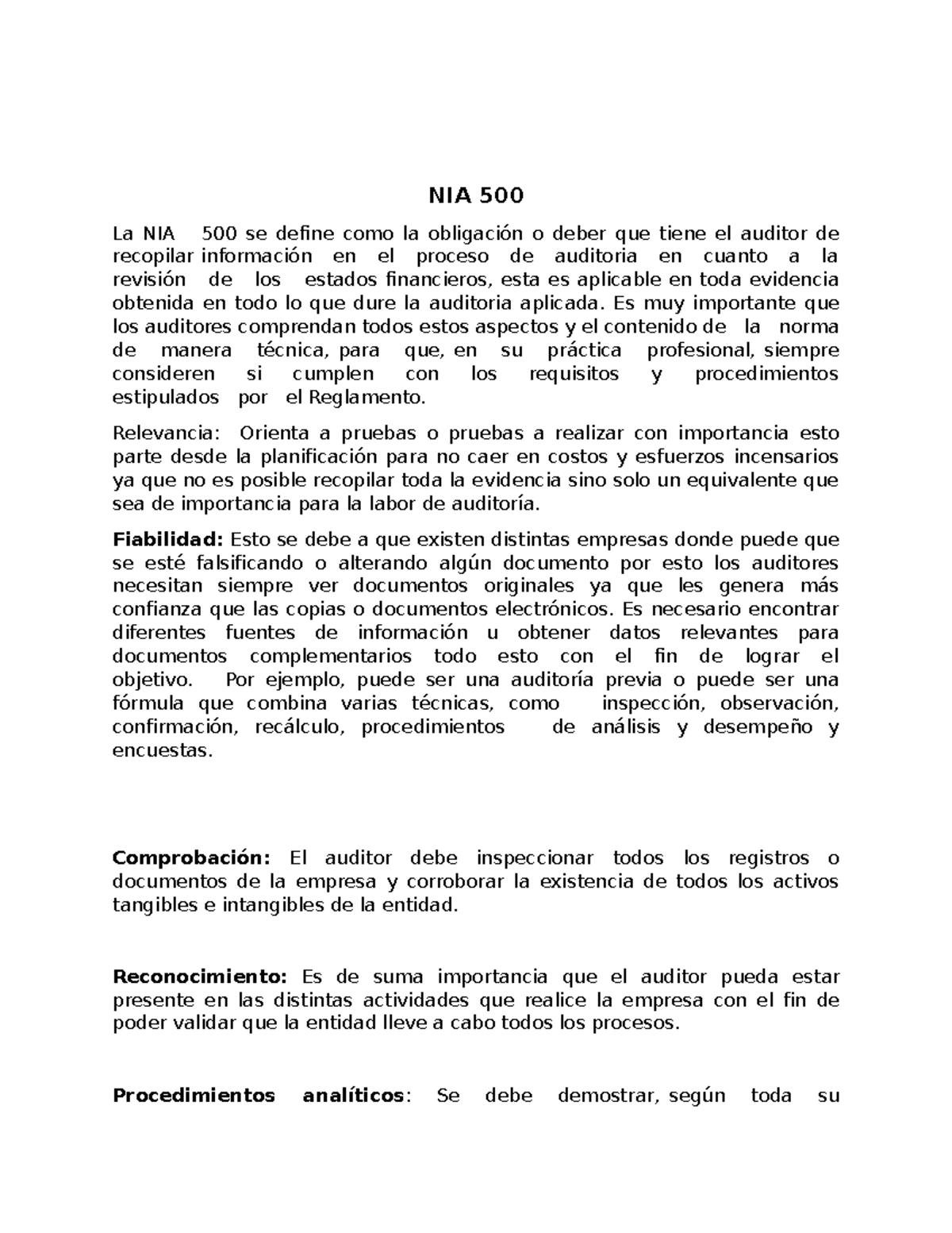 NIA 500 - RESUMEN NIA 500 - NIA 500 La NIA 500 se define como la obligación o deber que tiene el ...