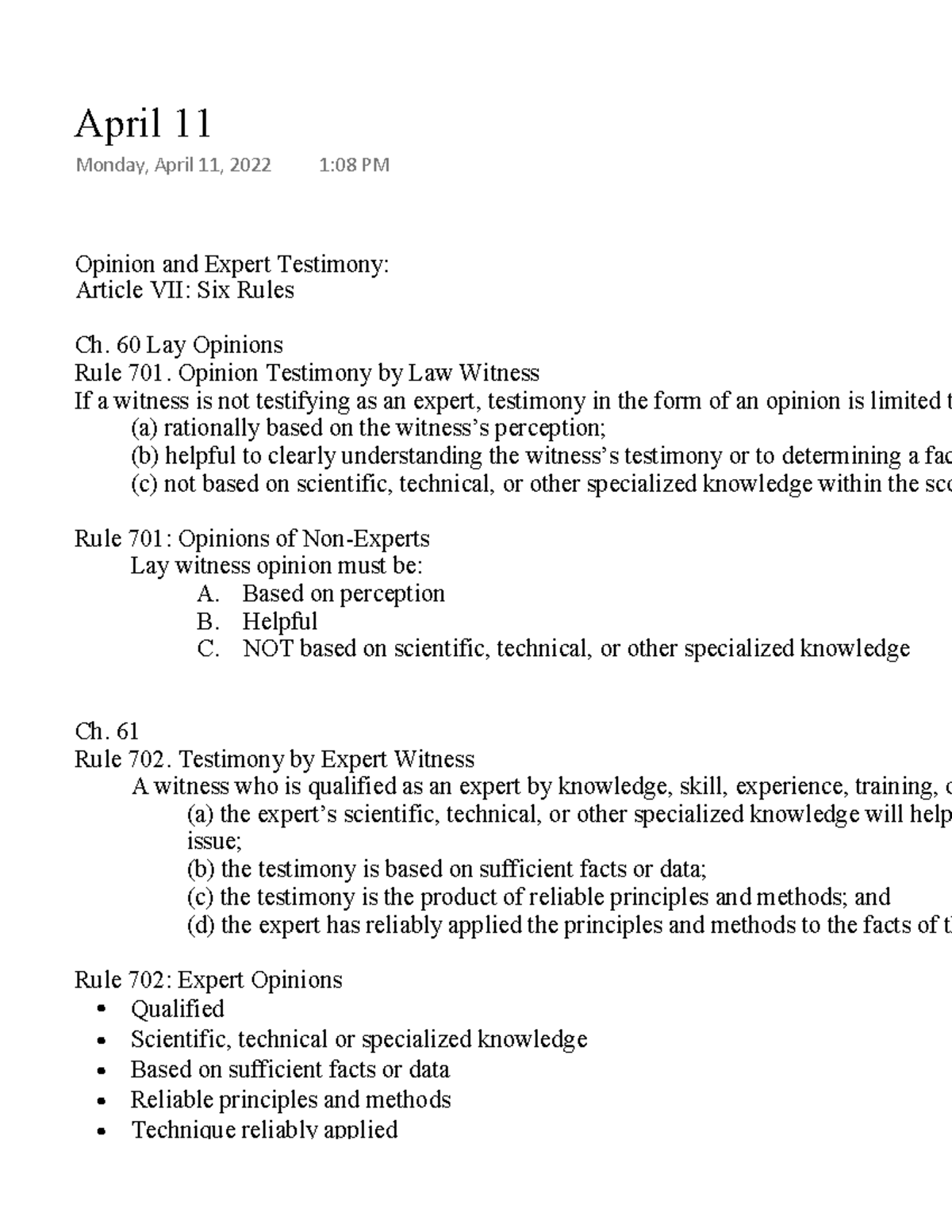 April 11 - Professor Percy - Opinion and Expert Testimony: Article VII ...